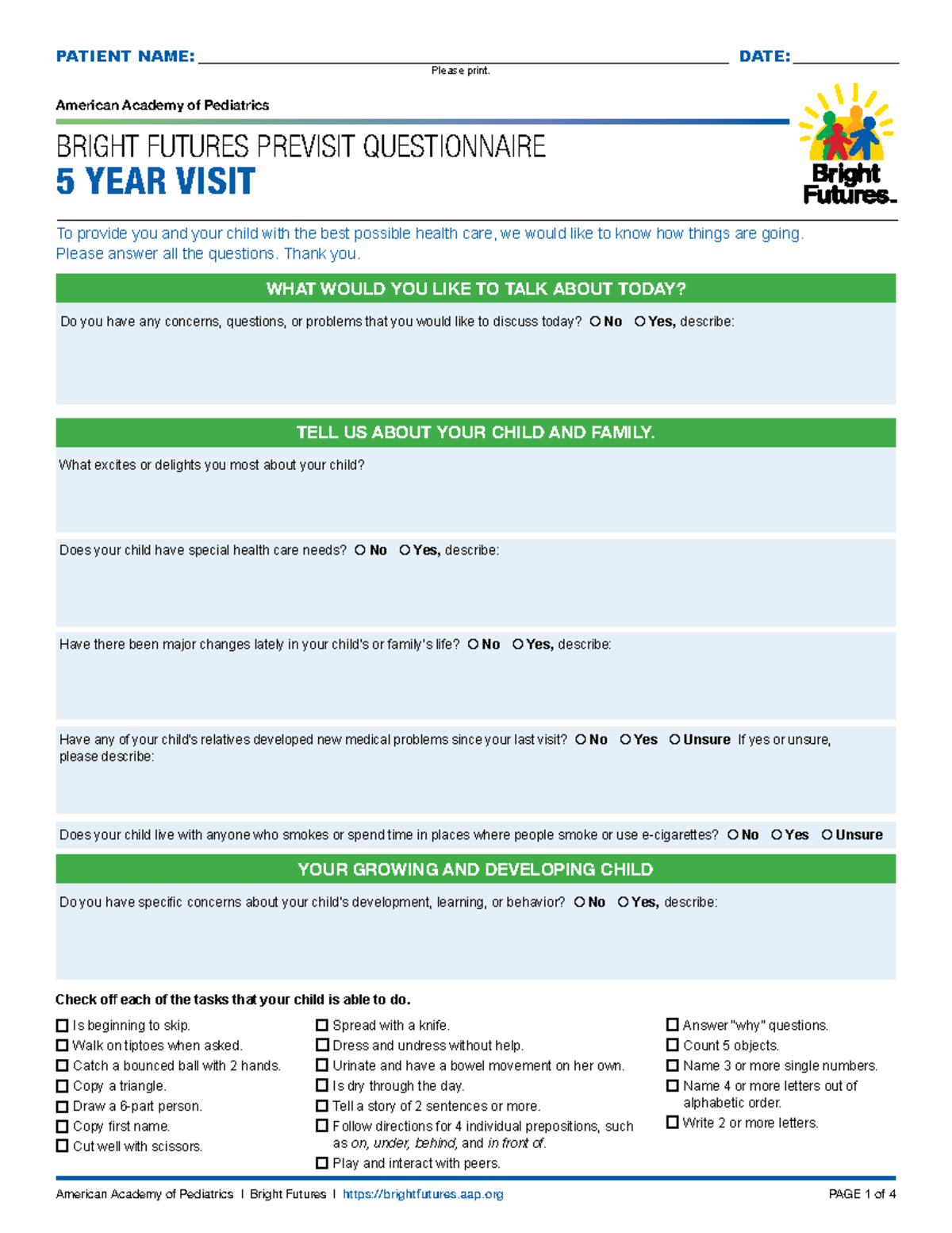 Bright Futures 5-Year Visit Previsit Questionnaire PDF - Studocu