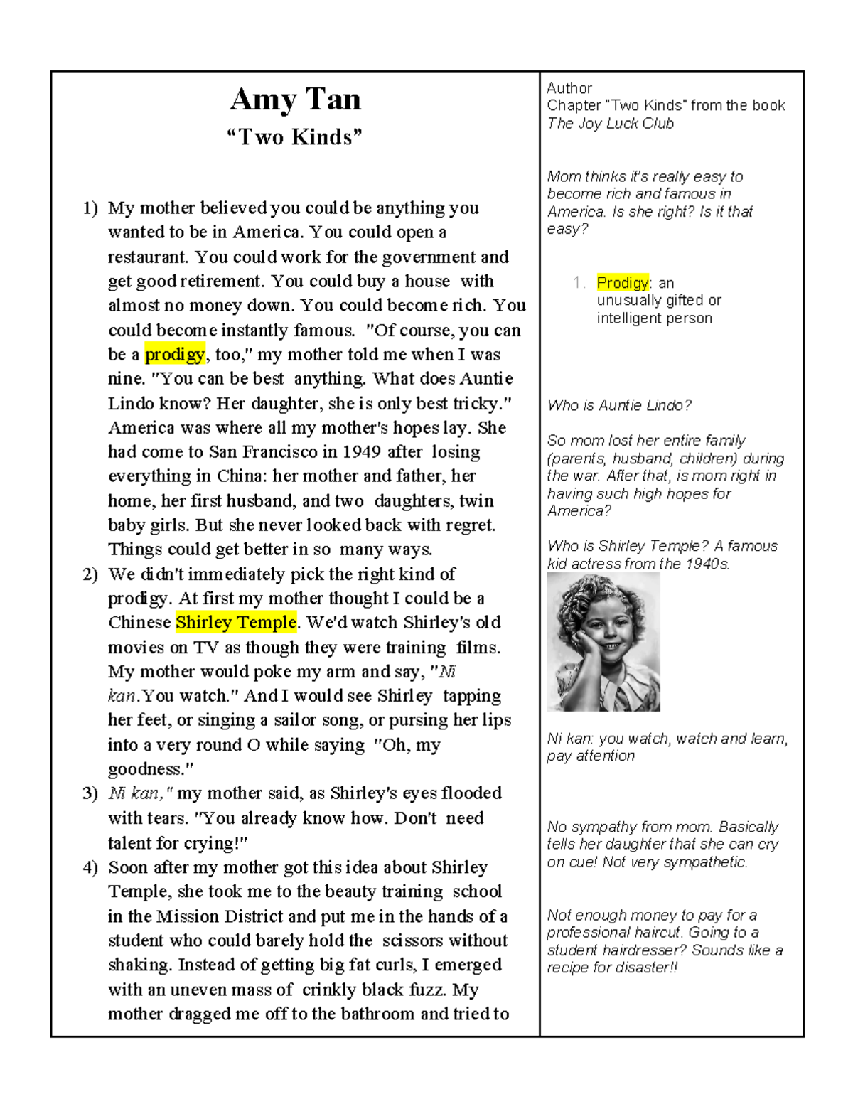 "ENG 101: Annotation of Amy Tan's 'Two Kinds' from The Joy Luck Club ...