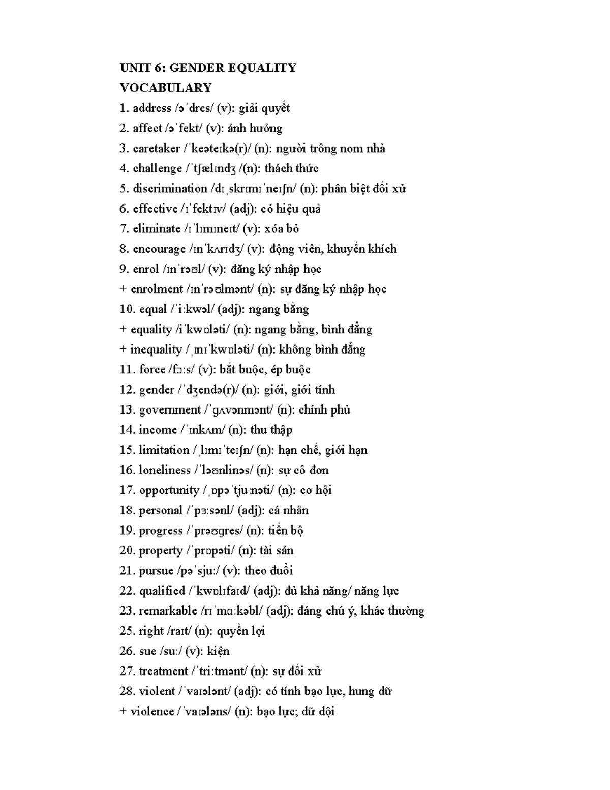 UNIT 6: GENDER EQUALITY VOCABULARY & EXERCISES - Studocu