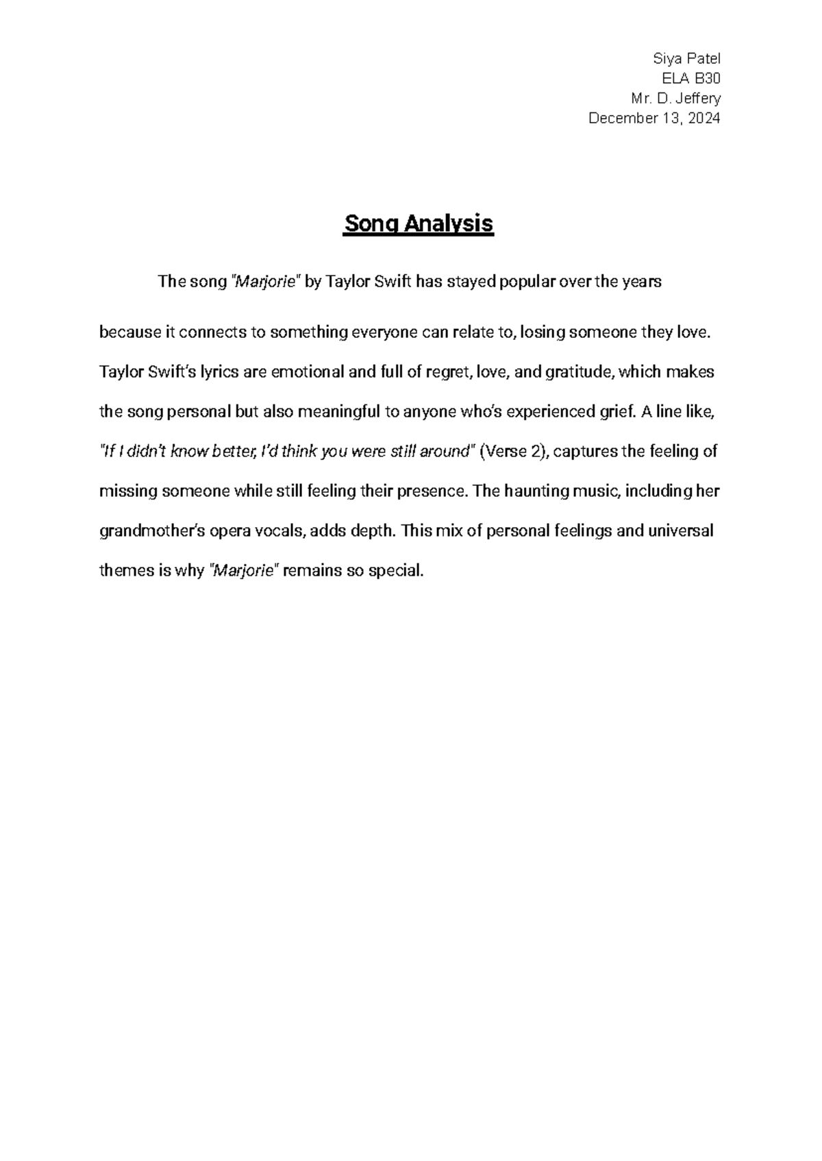 Song Analysis: Marjorie - ELA B30 Assignment Insights - Studocu