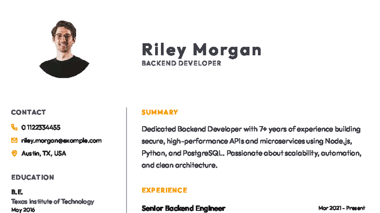 Riley Morgan's Resume - Backend Developer Profile - Studocu