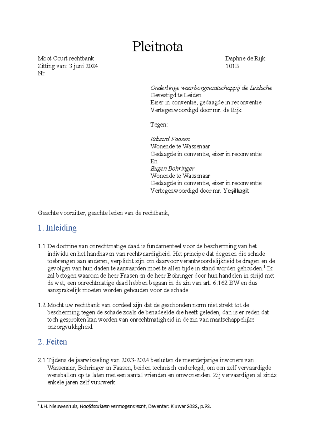 Pleitnota Moot Court 101B - Aansprakelijkheid Faasen & Bohringer ...