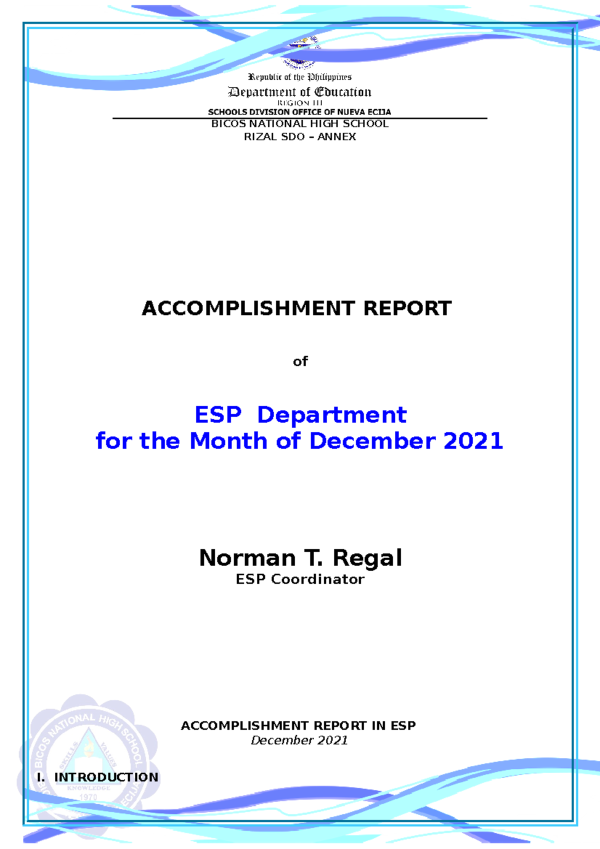 ESP Accomplishment Report for December 2021 - Rizal SDO - Studocu
