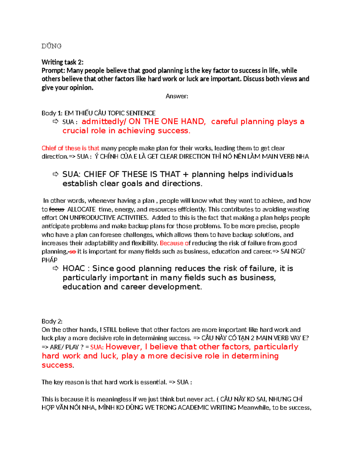 DŨNG Writing Task 2: Planning vs. Hard Work in Success - Studocu