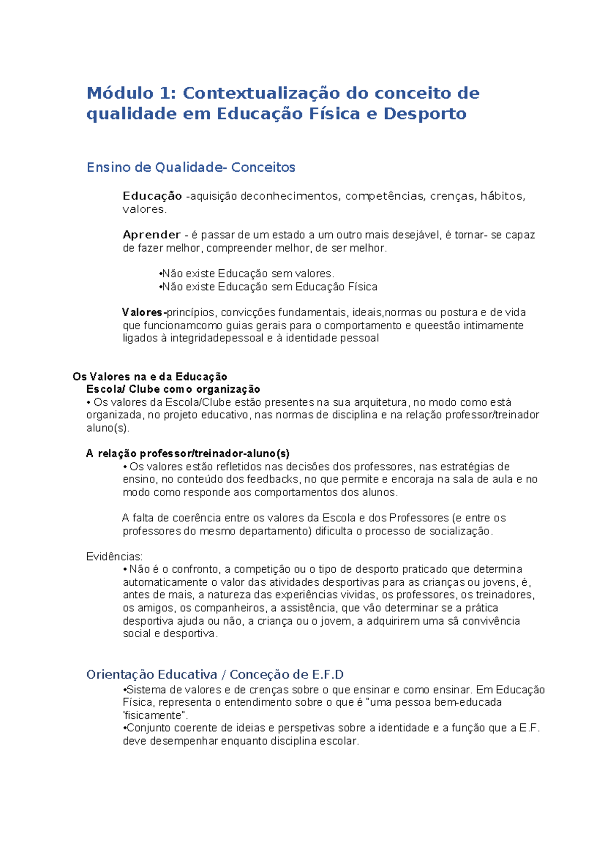 Módulo 1: Qualidade na Educação Física e Desporto - TEE - Studocu