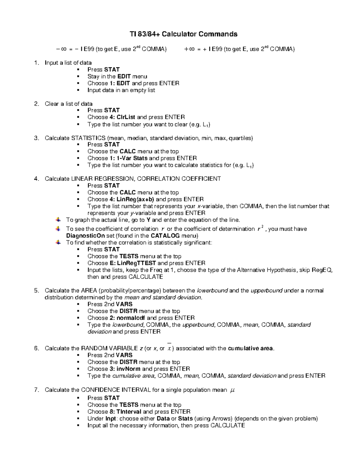 Calc Commands Formulas Ti 8384 Calculator Commands 1 E99 To Get