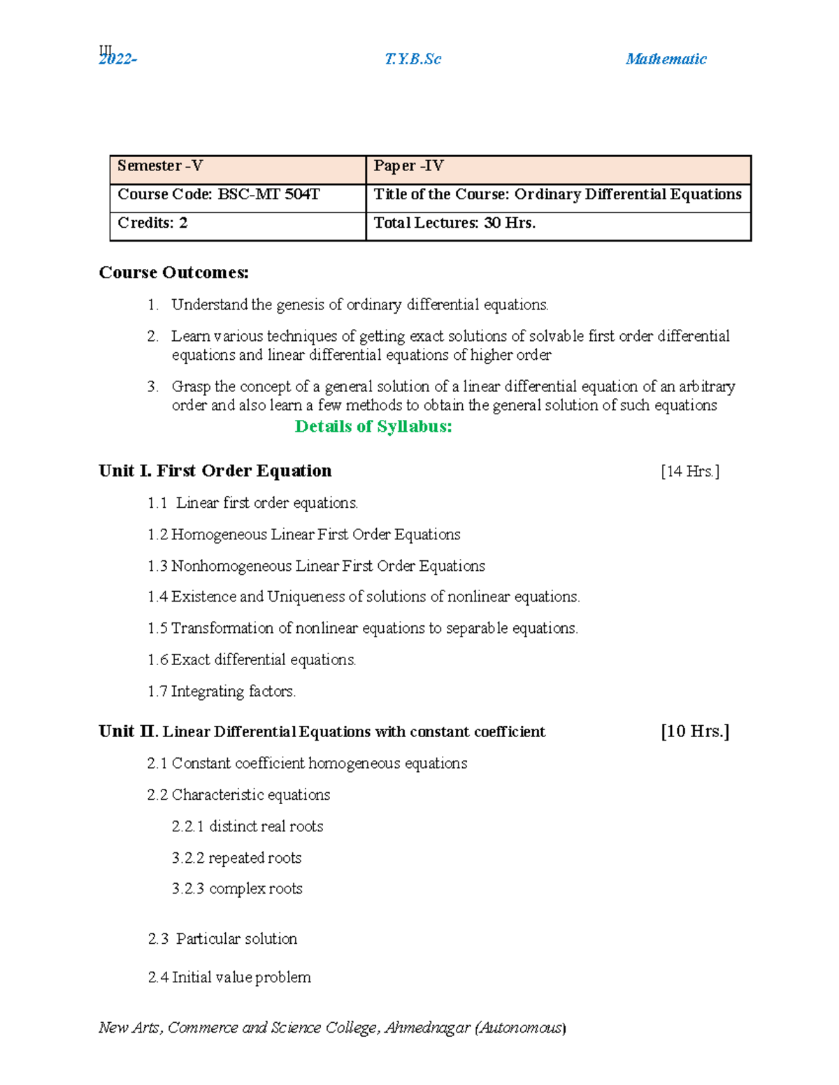 BSC-MT 504T: Syllabus for Ordinary Differential Equations Course - Studocu