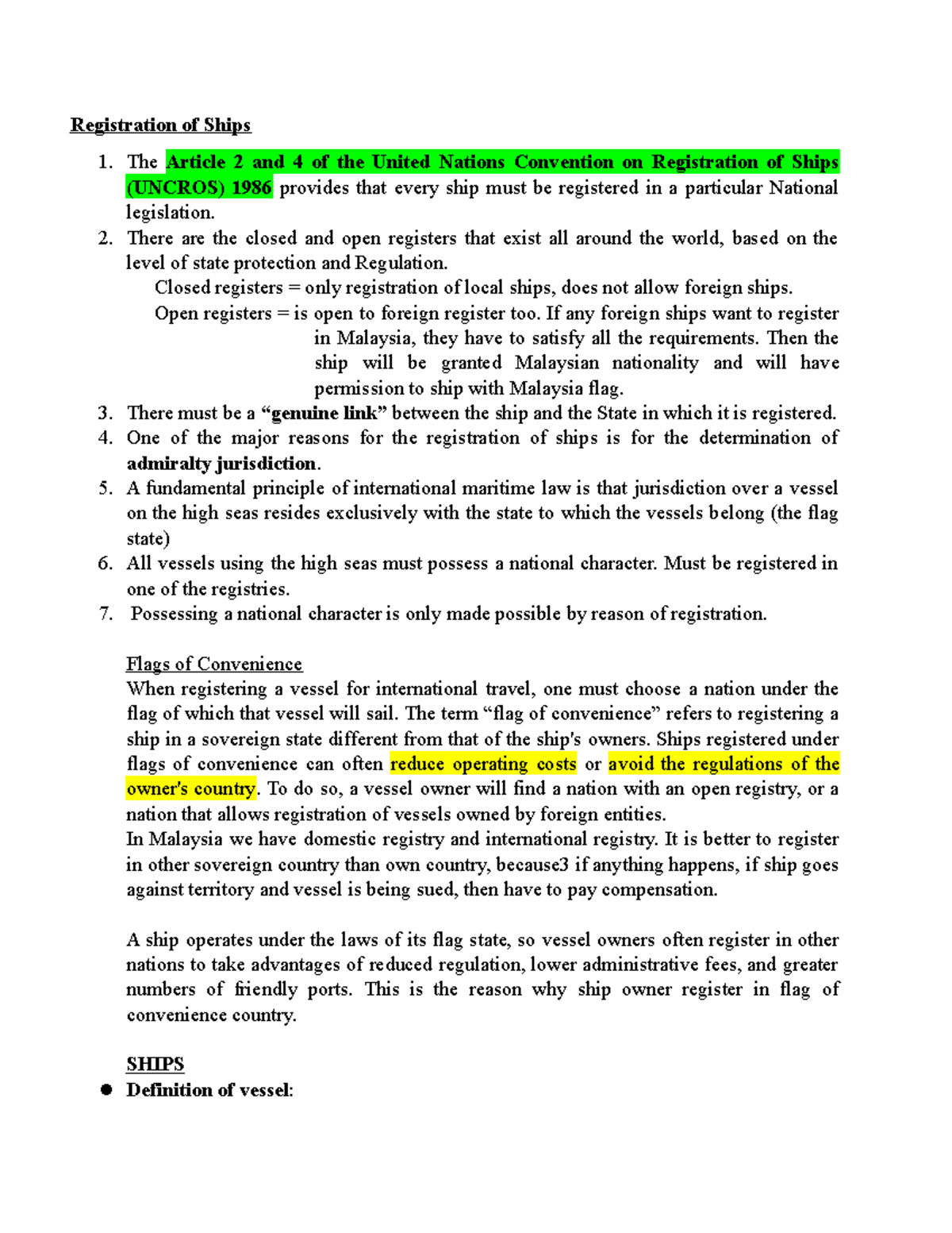 Ship Registration Notes for Maritime Law (ML101) - Studocu