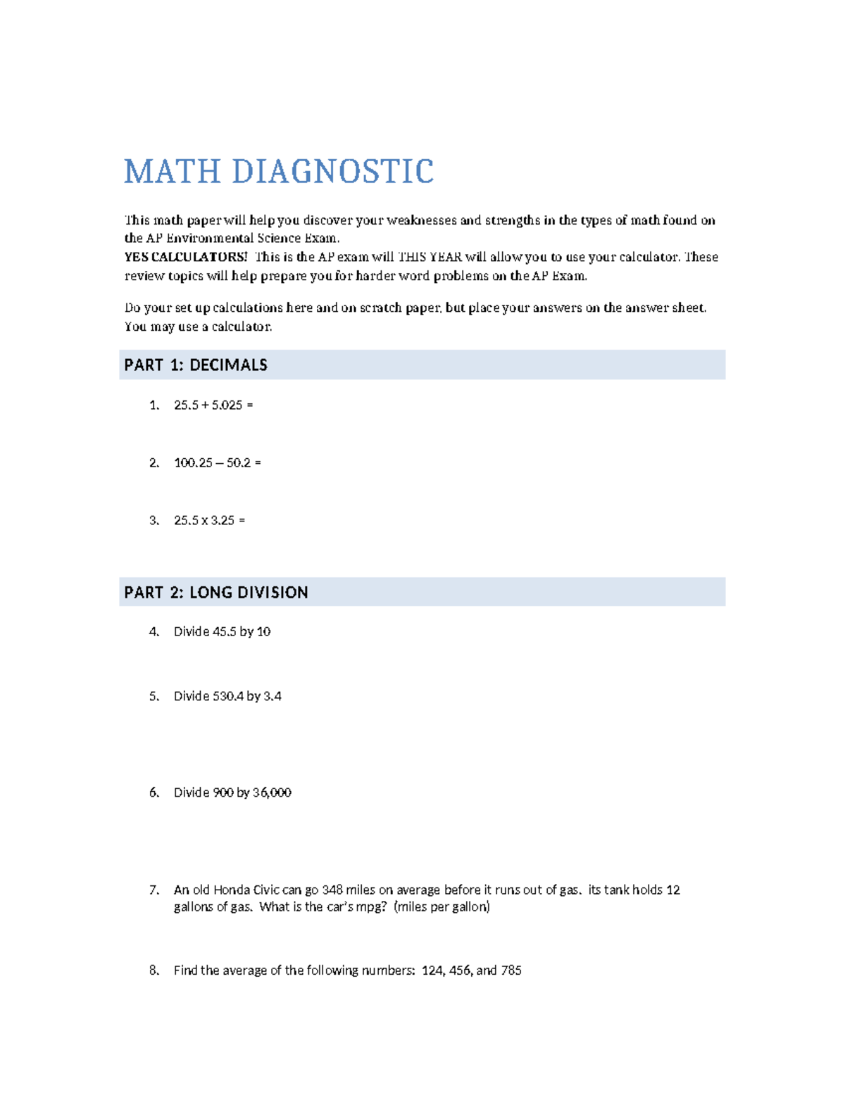APES 101 Math Diagnostic: Stoichiometry & Calculation Practice - Studocu