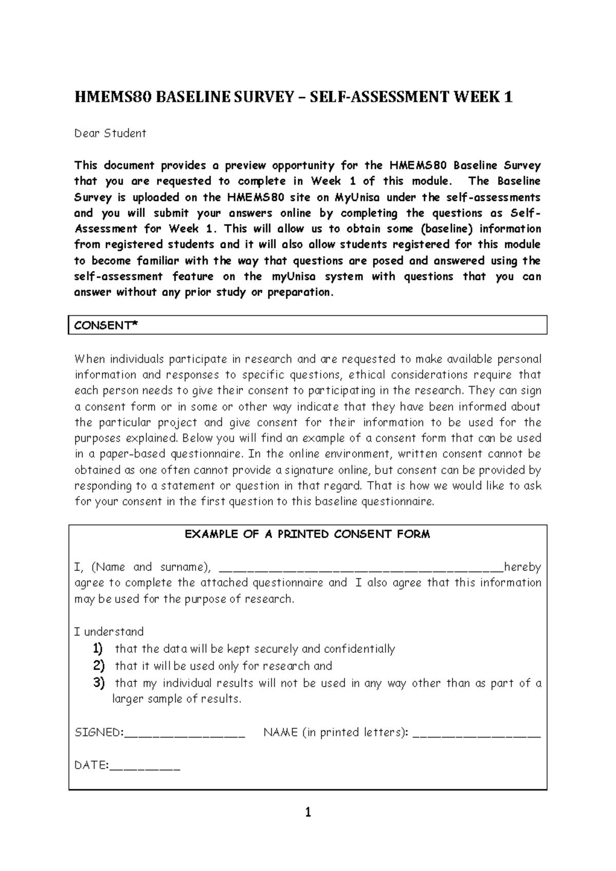 HMEMS80 Week 1 Baseline Survey Questionnaire Preview Guide - Studocu