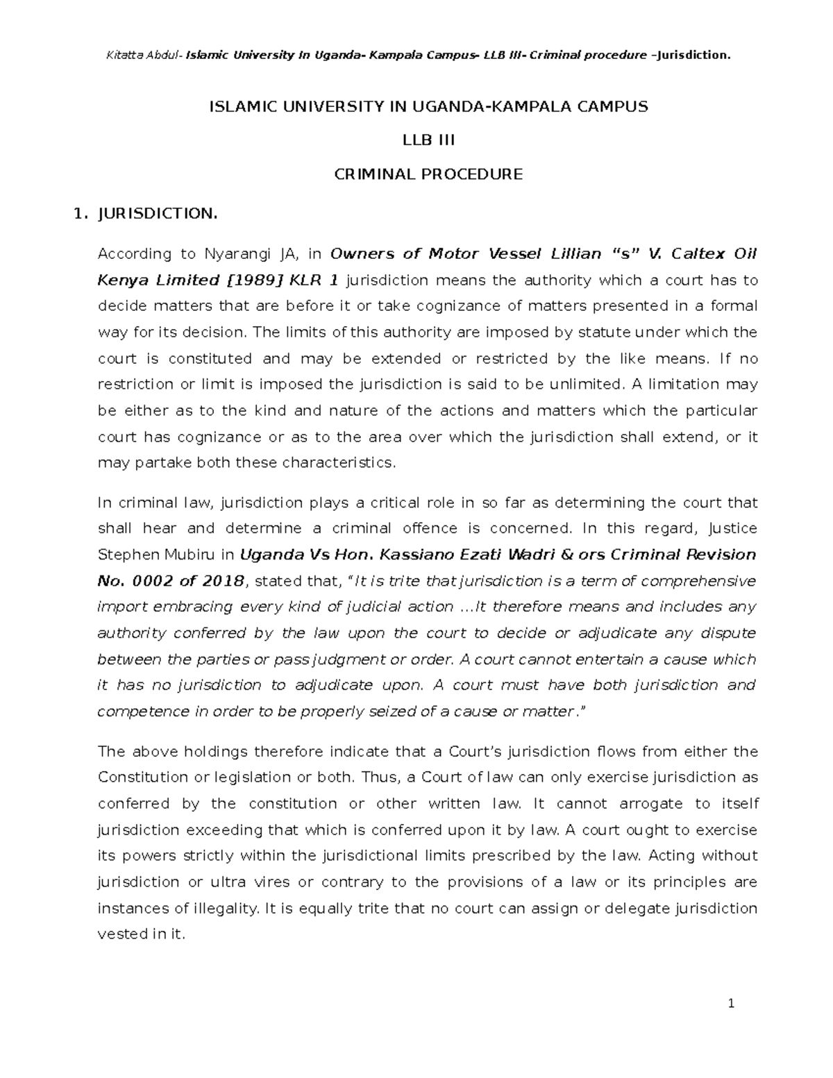 LLB III Criminal Procedure: Jurisdiction Analysis and Key Concepts ...