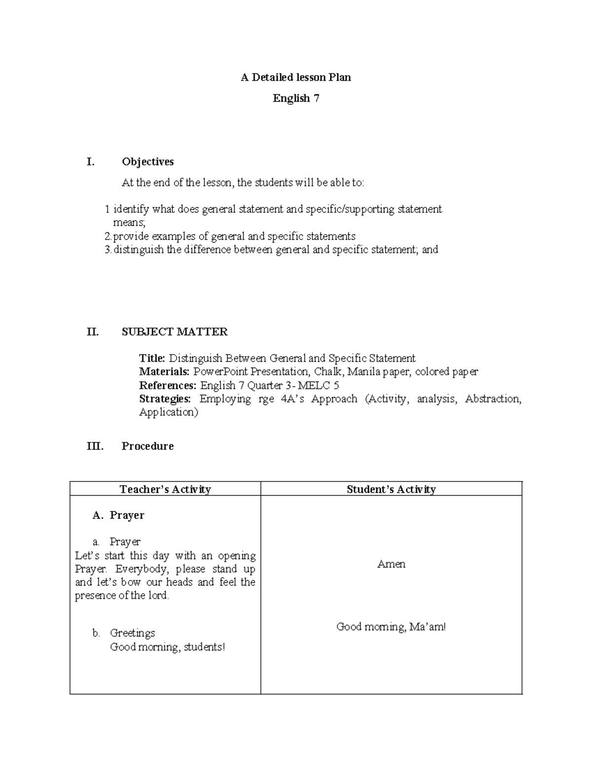 JOY-LP - Detailed Lesson Plan on General vs. Specific Statements - Studocu