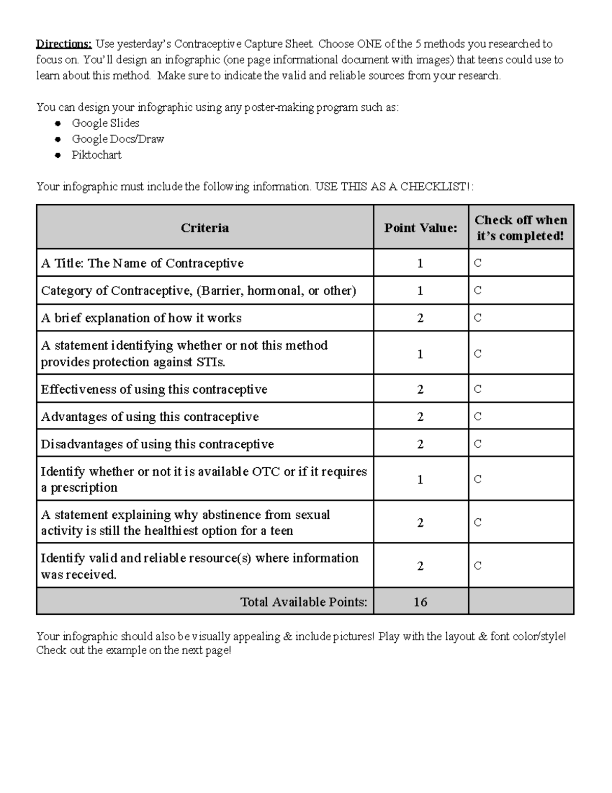 SLT 4 Infographic Directions & Rubric: Contraceptive Methods Guide ...