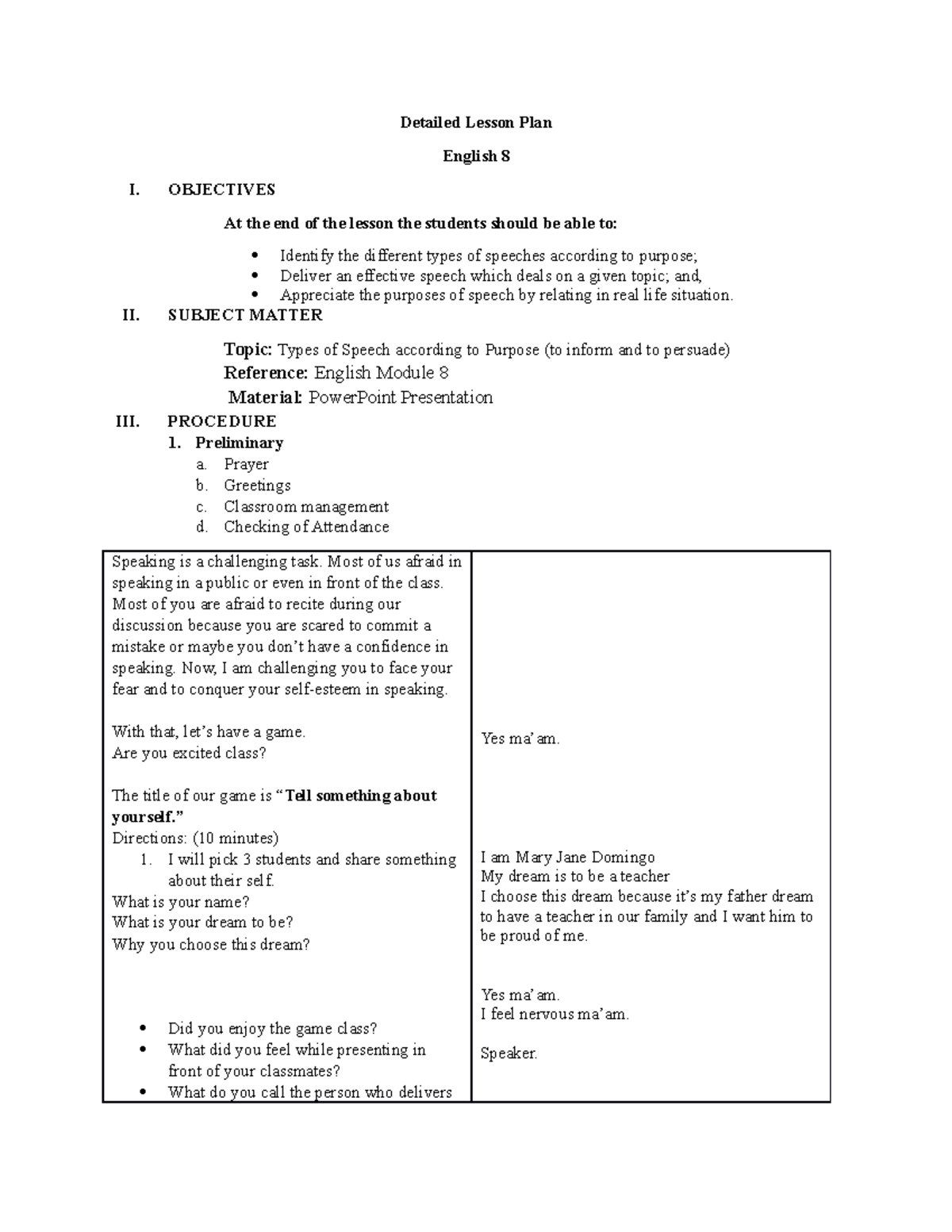 English 8 Detailed Lesson Plan: Types of Speech by Purpose - Studocu