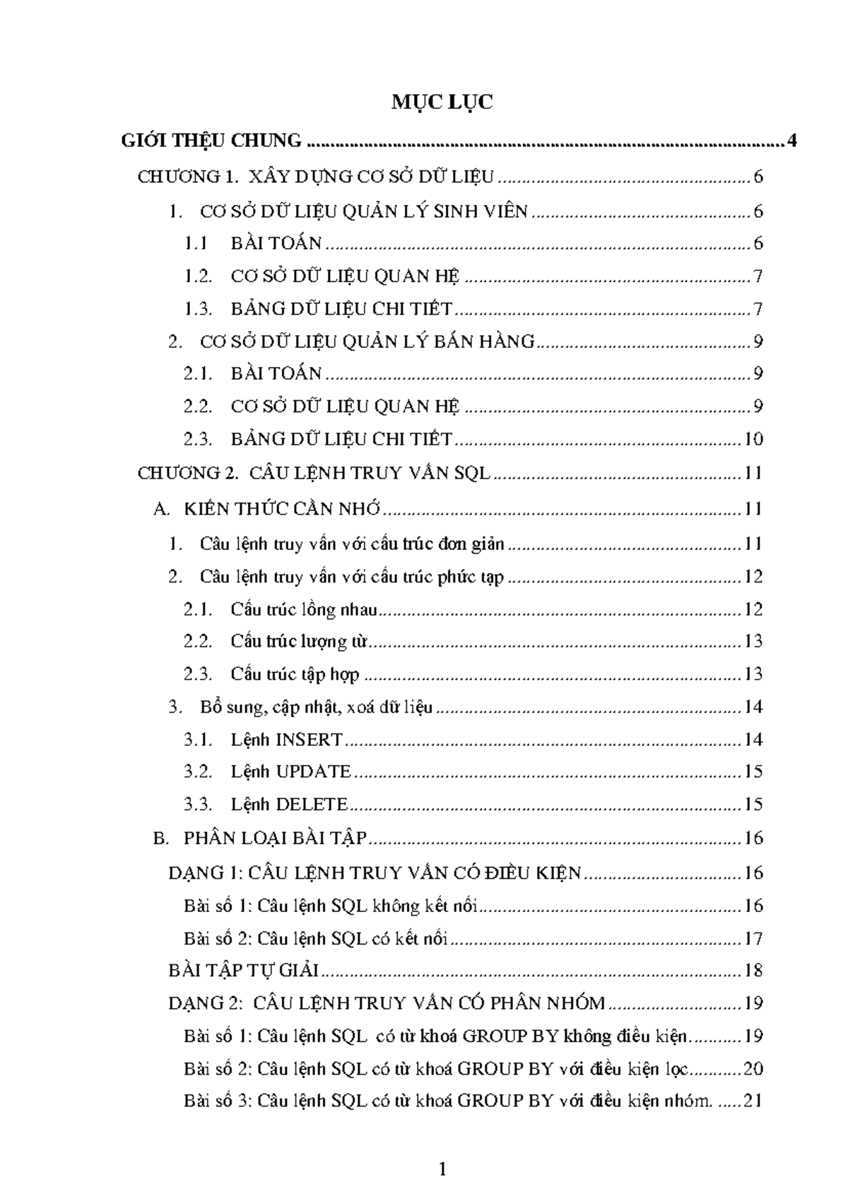 Bai Tap SQL - Đại số quan hệ - MỤC LỤC GIỚI THỆU CHUNG CHƯƠNG 1. XÂY ...