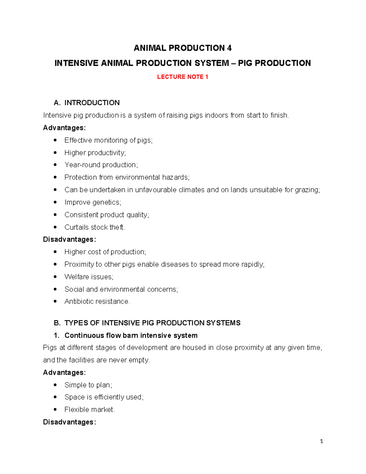 ANIMAL PRODUCTION 4: Intensive Pig Production Lecture Notes - Studocu
