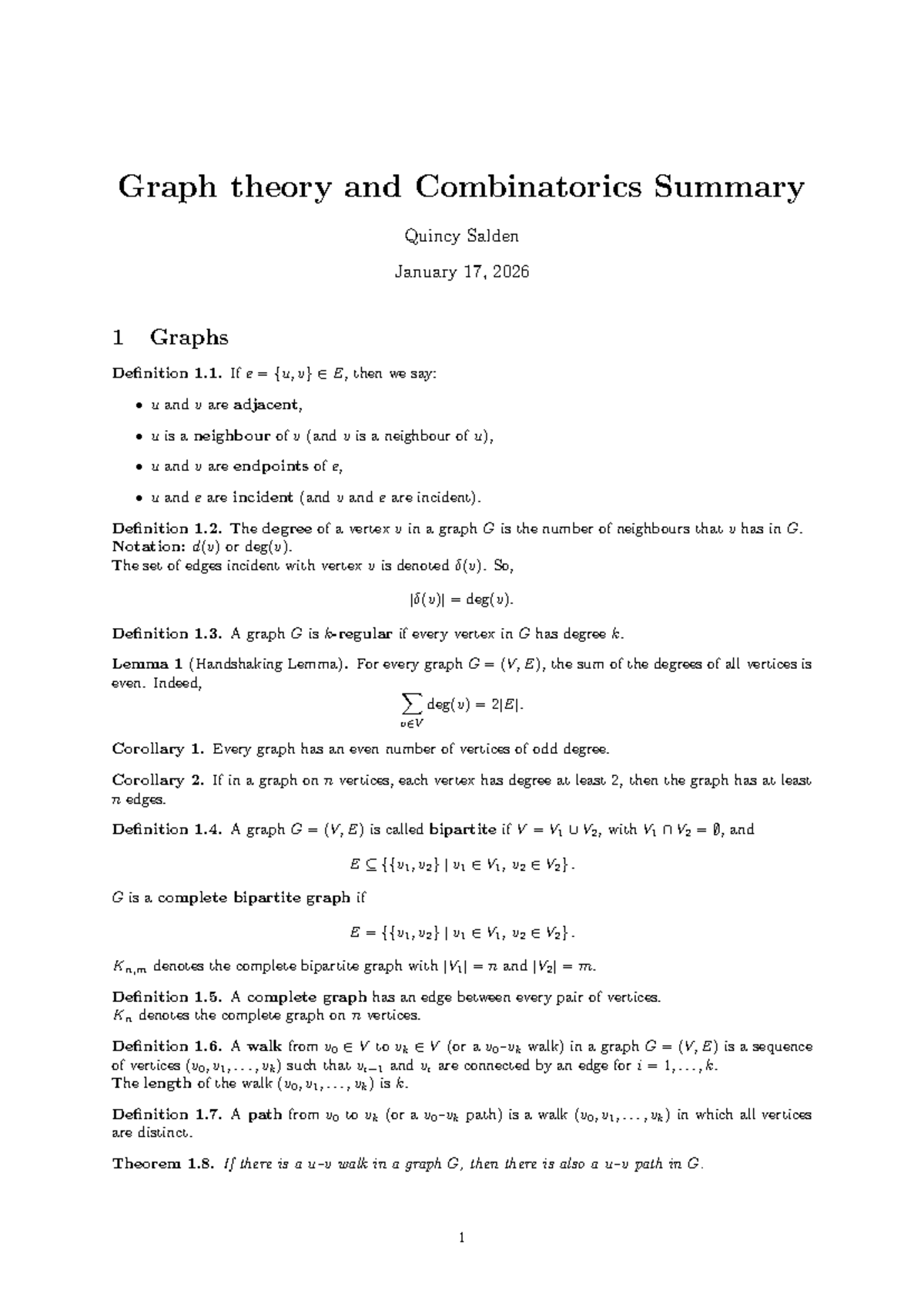 Graph Theory and Combinatorics Summary (Course Code: MATH 202 ...