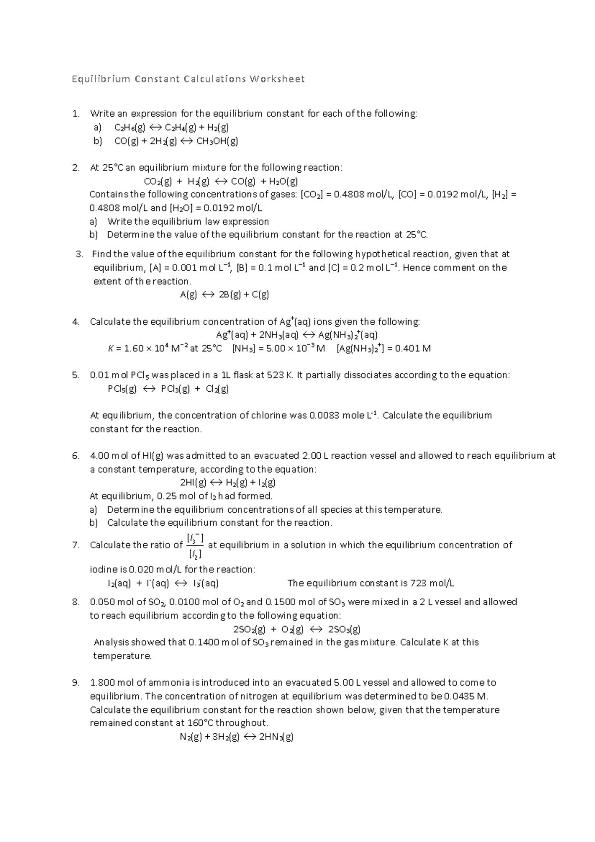 Equilibrium Constant Calculations Worksheet 1 (with Solutions) - Studocu