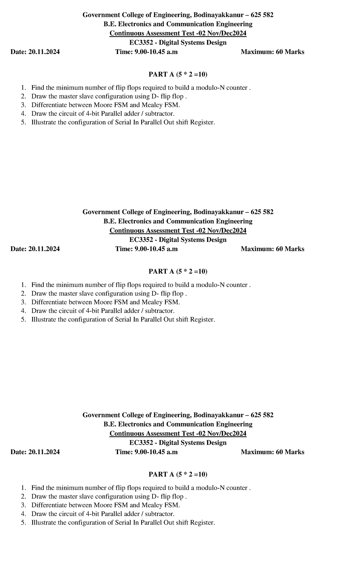 CAT-2 EC3352 Digital Systems Design Continuous Assessment Test - Studocu