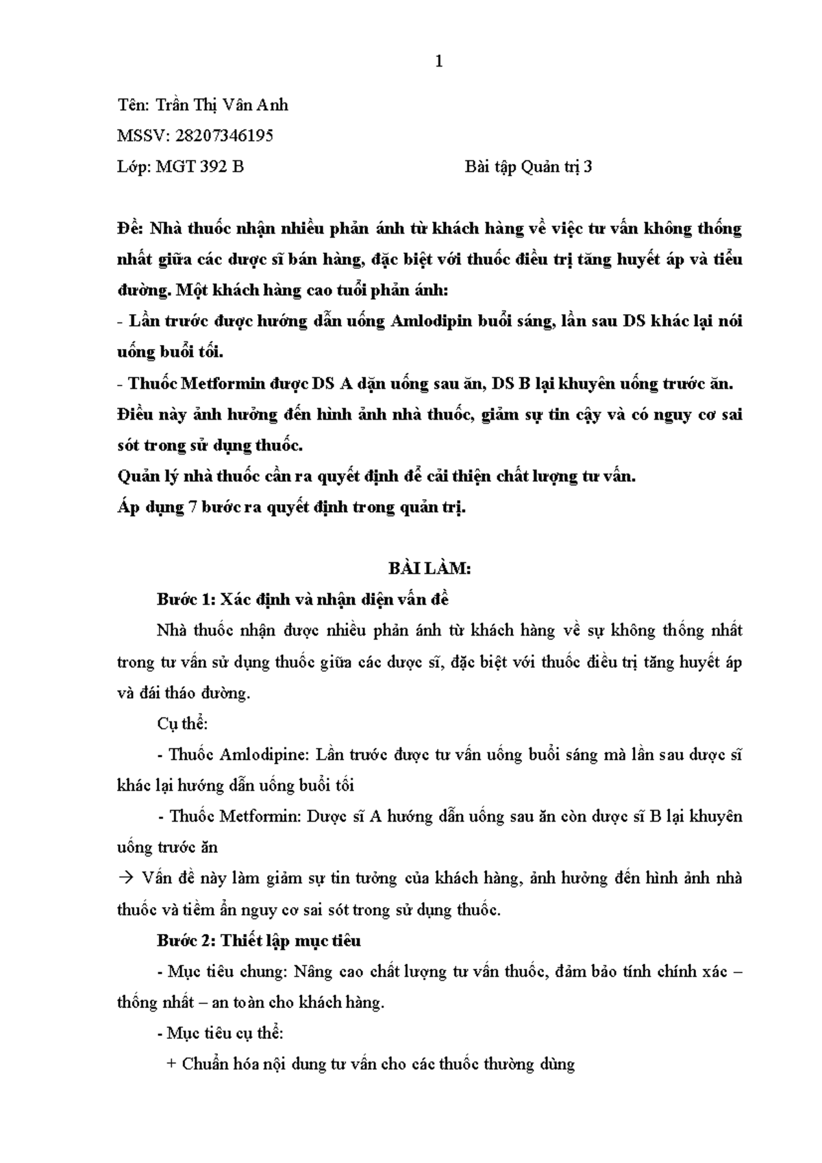 MGT 392B - Bài Tập Quản Trị 3: Cải Thiện Tư Vấn Nhà Thuốc - Studocu