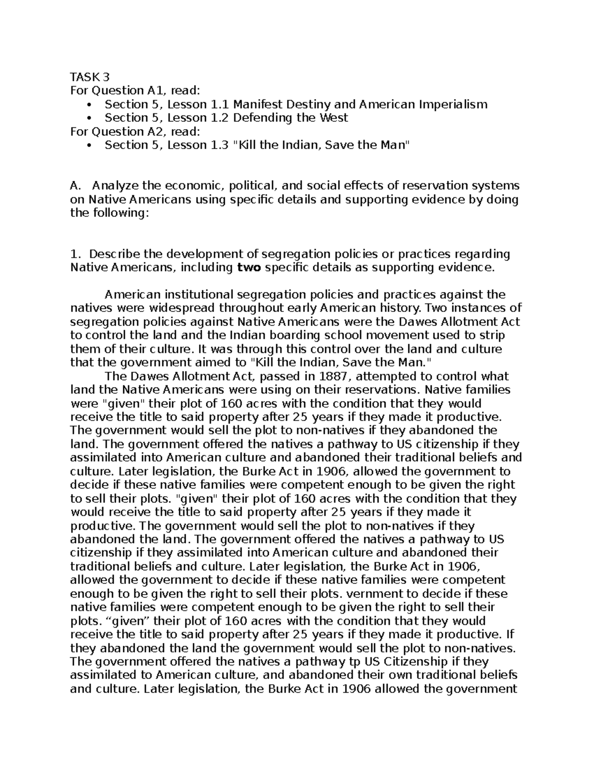 US History - TASK 3 - Task 3 - TASK 3 For Question A1, read: Section 5 ...