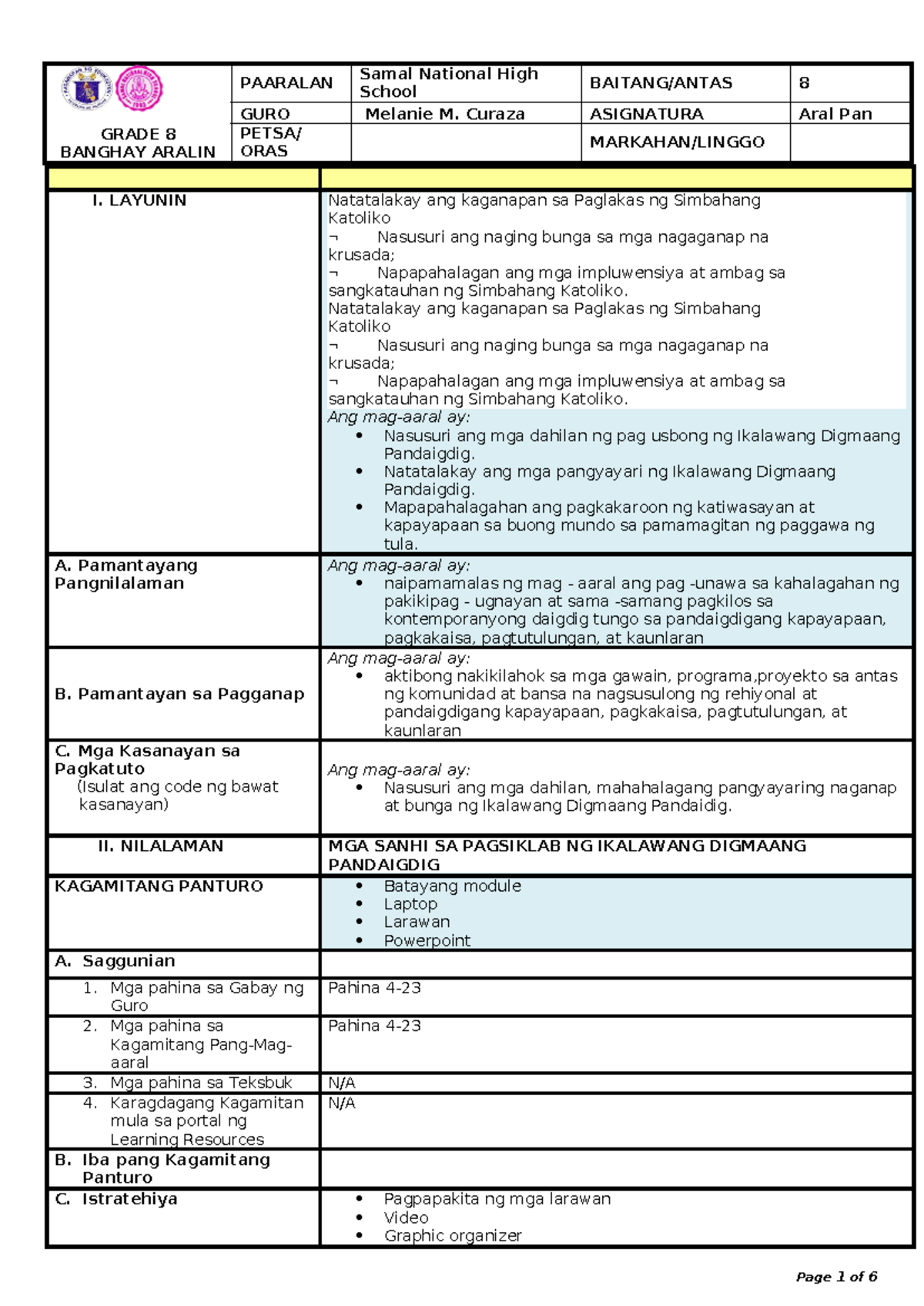 COT Lesson Plan AP 8: Paglakas ng Simbahang Katoliko at Ikalawang Digmaan - Studocu