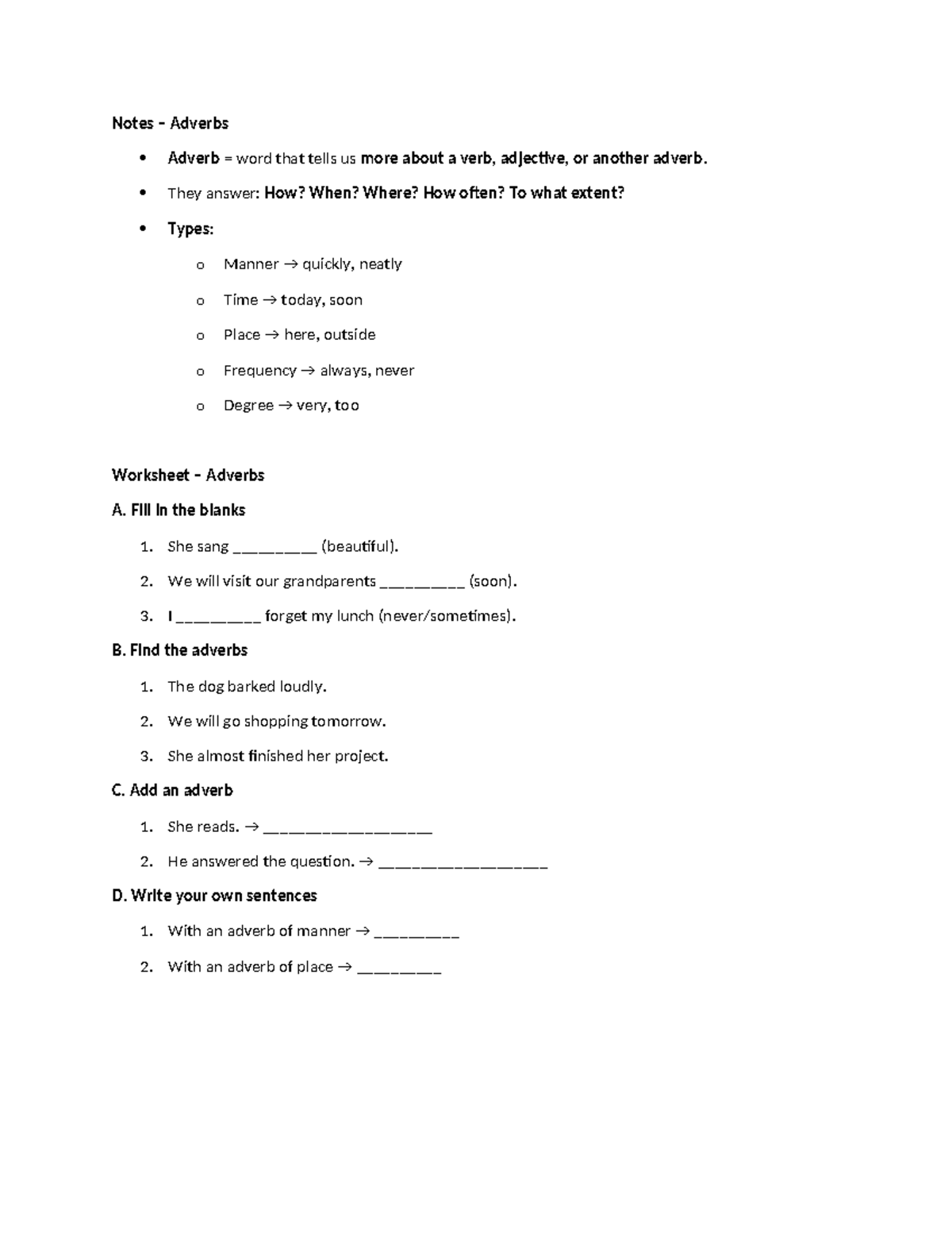 Adverbs - Study Notes and Worksheets for Exam Prep - Studocu
