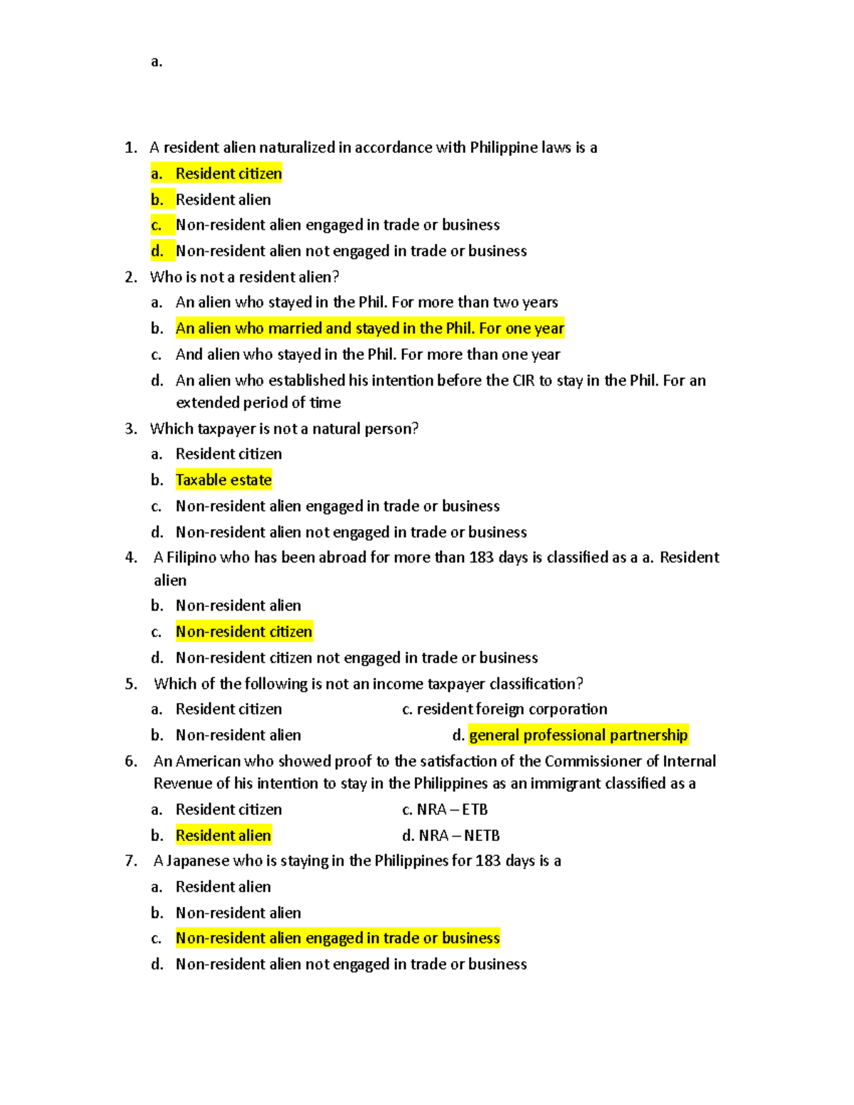 Income Taxation: Resident and Non-Resident Alien Classifications - Studocu