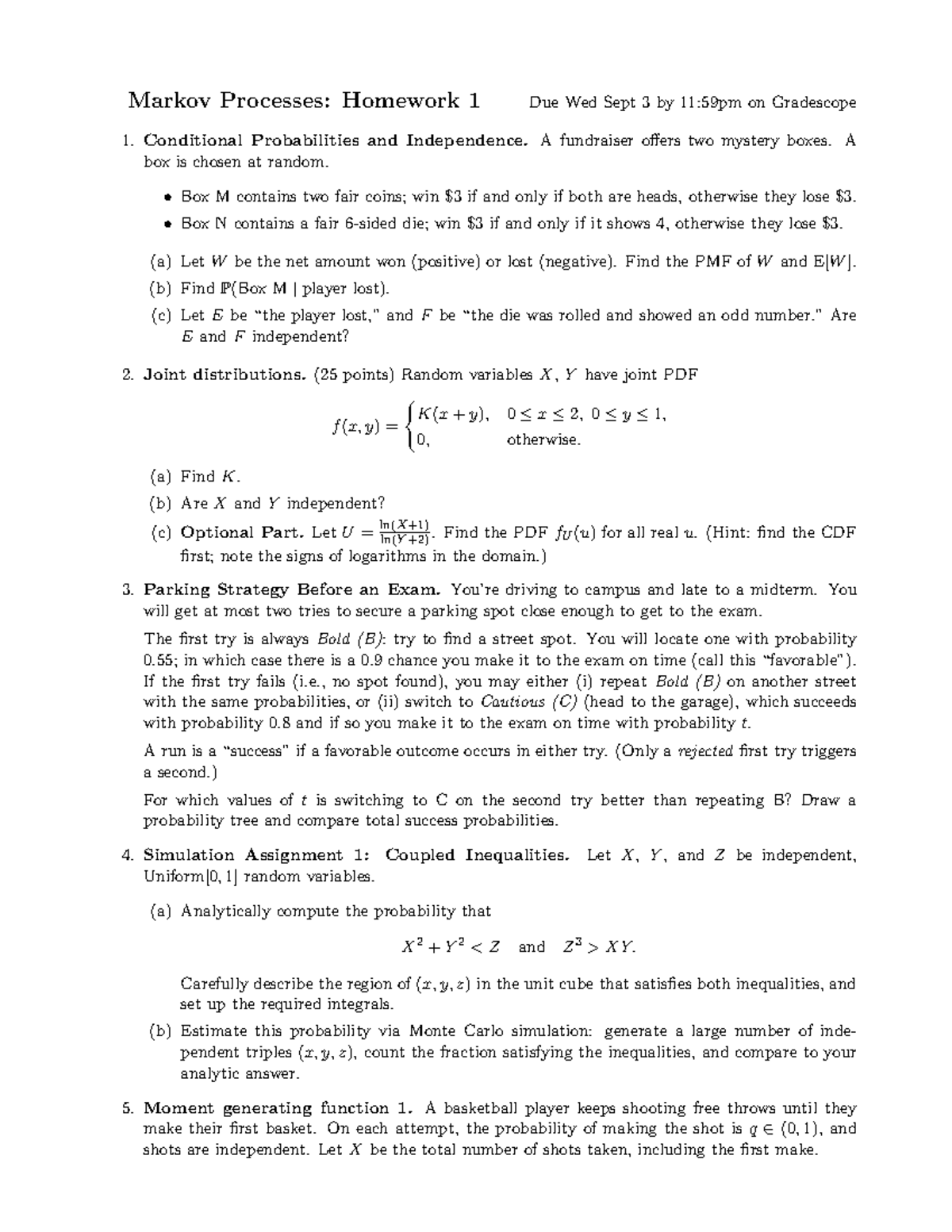 Markov Processes: HW1 - Conditional Probabilities & Joint Distributions ...