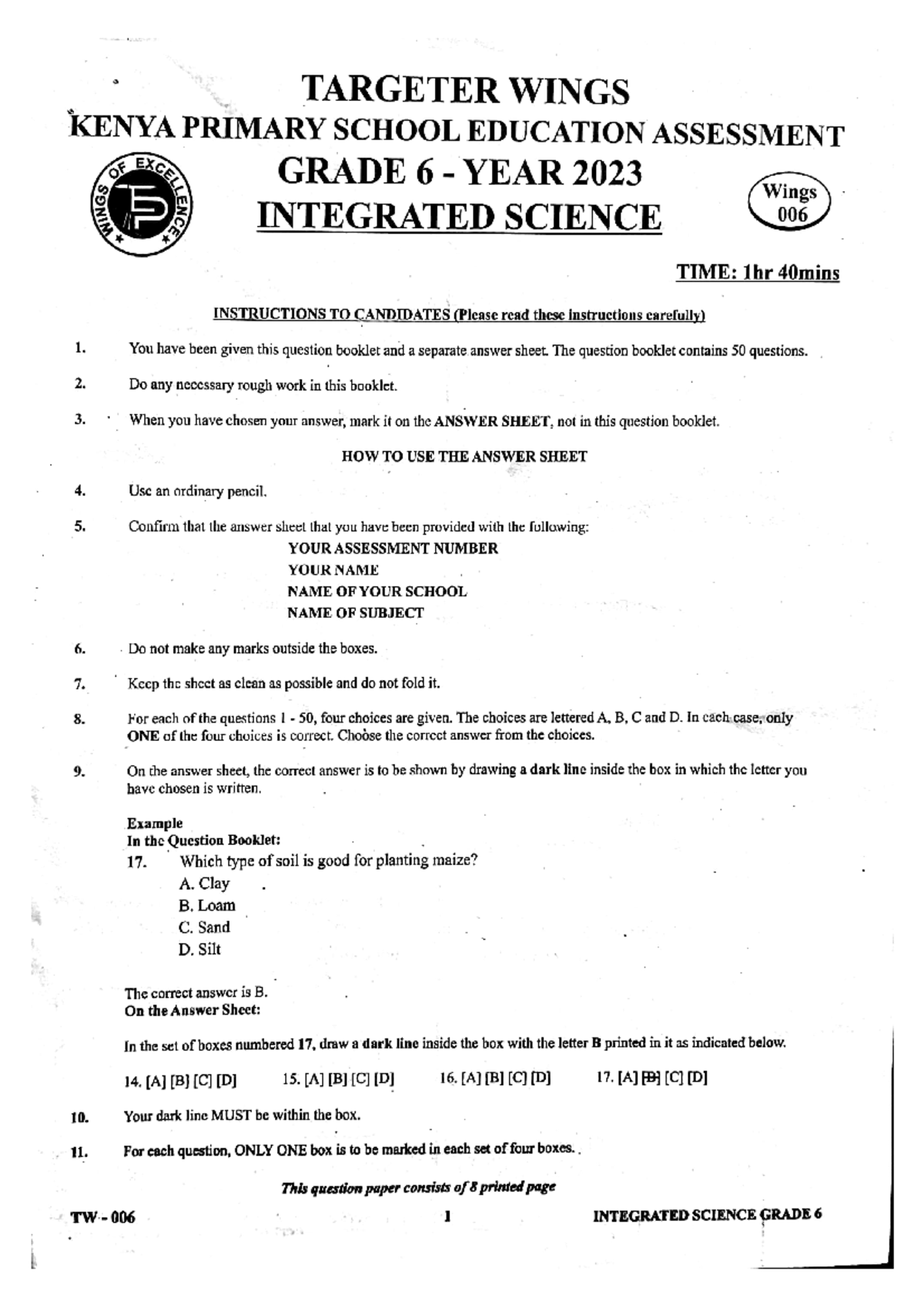 Grade 6 Integrated Science Assessment - Targeter Wing 006 - Studocu