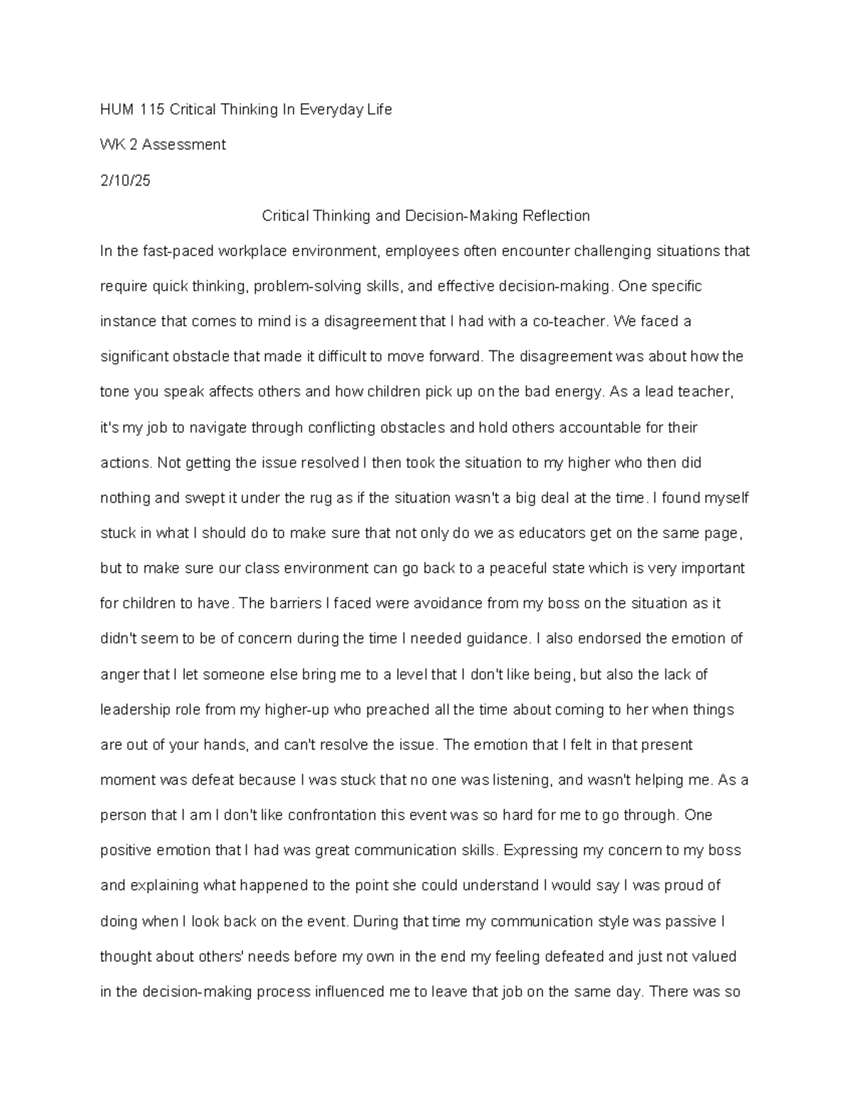 HUM 115 Wk2 Summative Assessment: Critical Thinking Reflection - Studocu