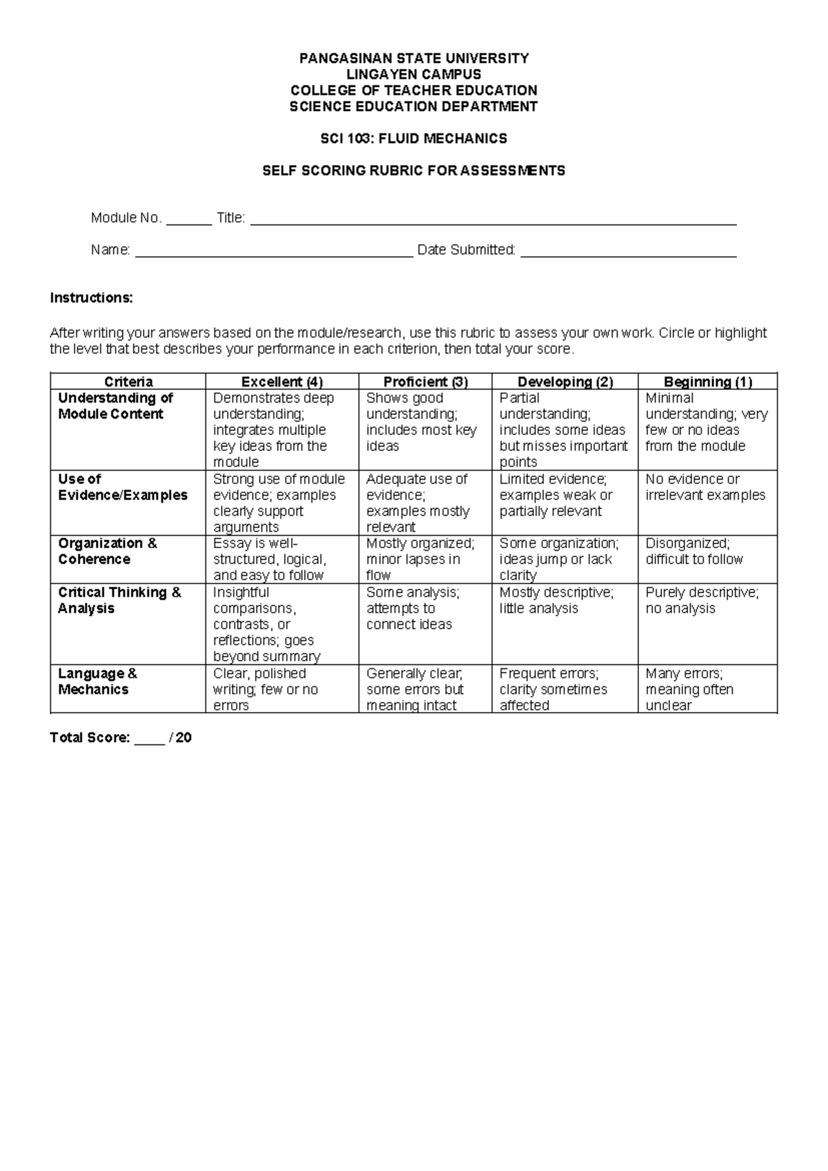 SCI 103: Fluid Mechanics Self-Scoring Assessment Rubric - Studocu
