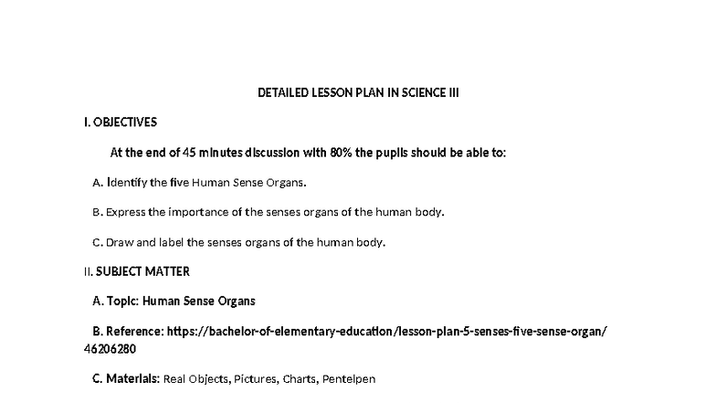 DETAILED LESSON PLAN: HUMAN SENSE ORGANS (Science) - Studocu