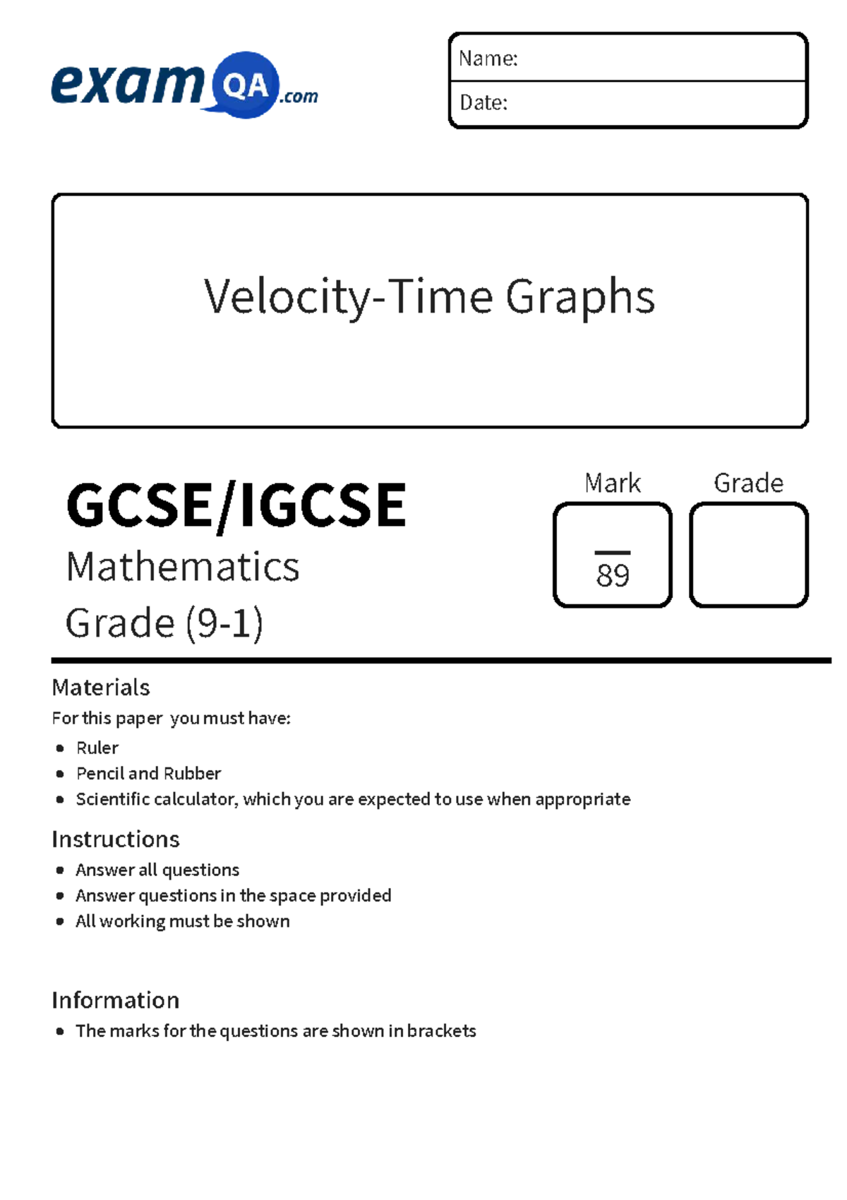 GCSE Maths Velocity Time Graph Worksheet 1 - Grade Materials For this ...