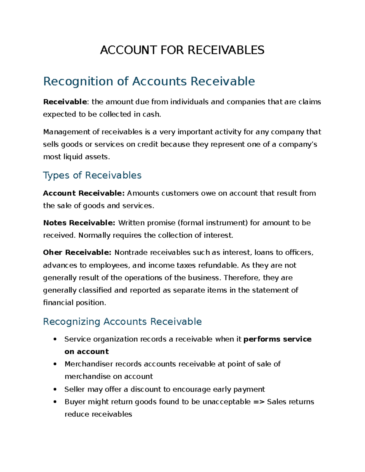 Topic 4 - lkdsdjflkadjf - ACCOUNT FOR RECEIVABLES Recognition of ...