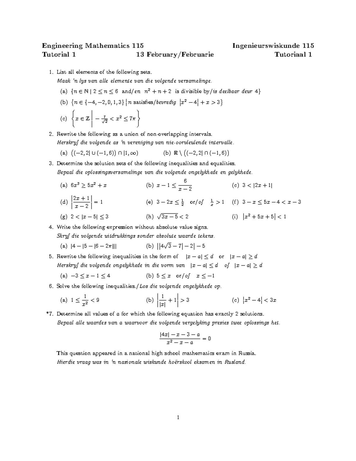Tutorial 1 - Engineering Mathematics 115 Ingenieurswiskunde 115 Tutorial 1 13 February/Februarie ...