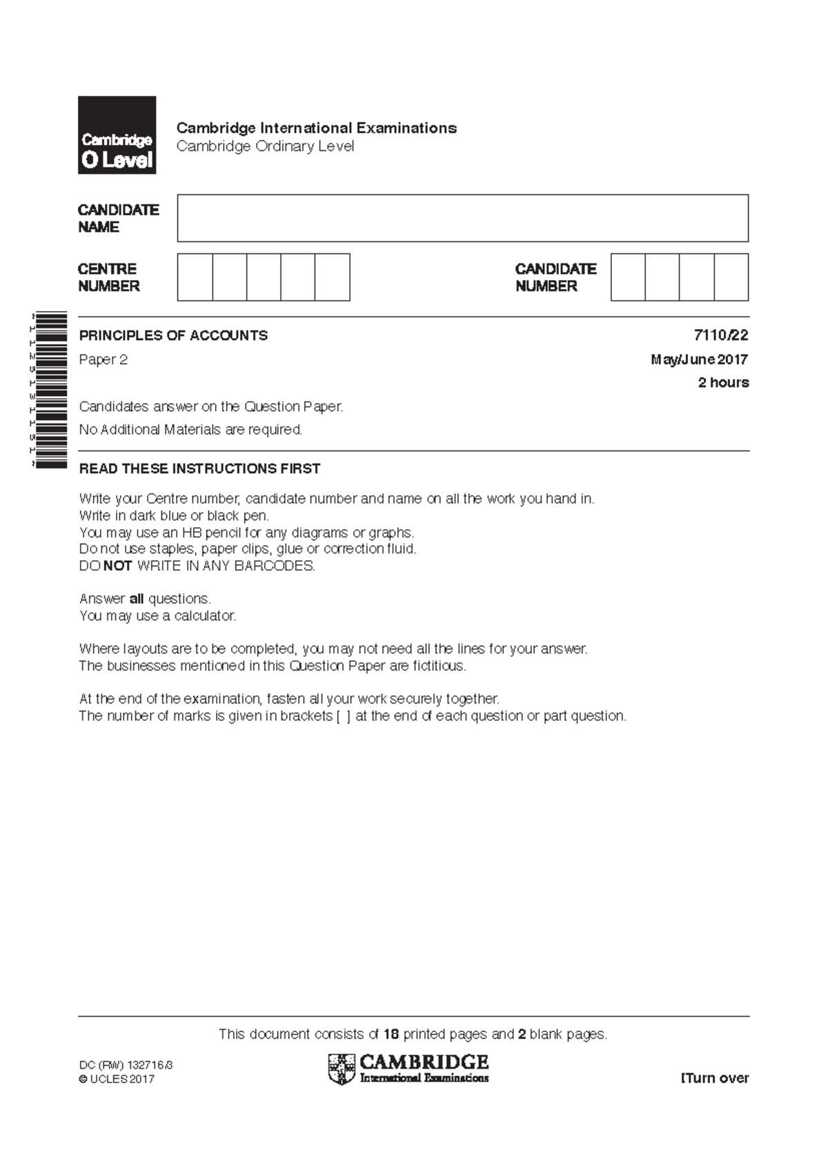 Cambridge O Level Principles of Accounts 1 1 2 5 1 3 1 1 5 1 Exam Paper ...
