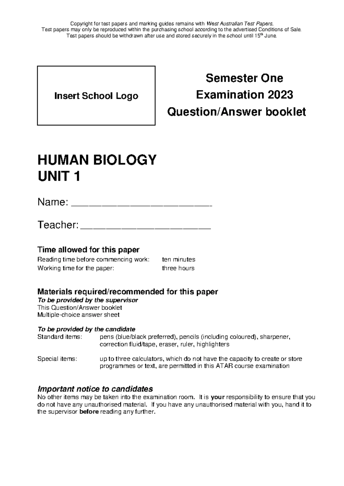 2020 HUMAN BIOLOGY Unit 1 & 2 - Past Exam Paper - Studocu