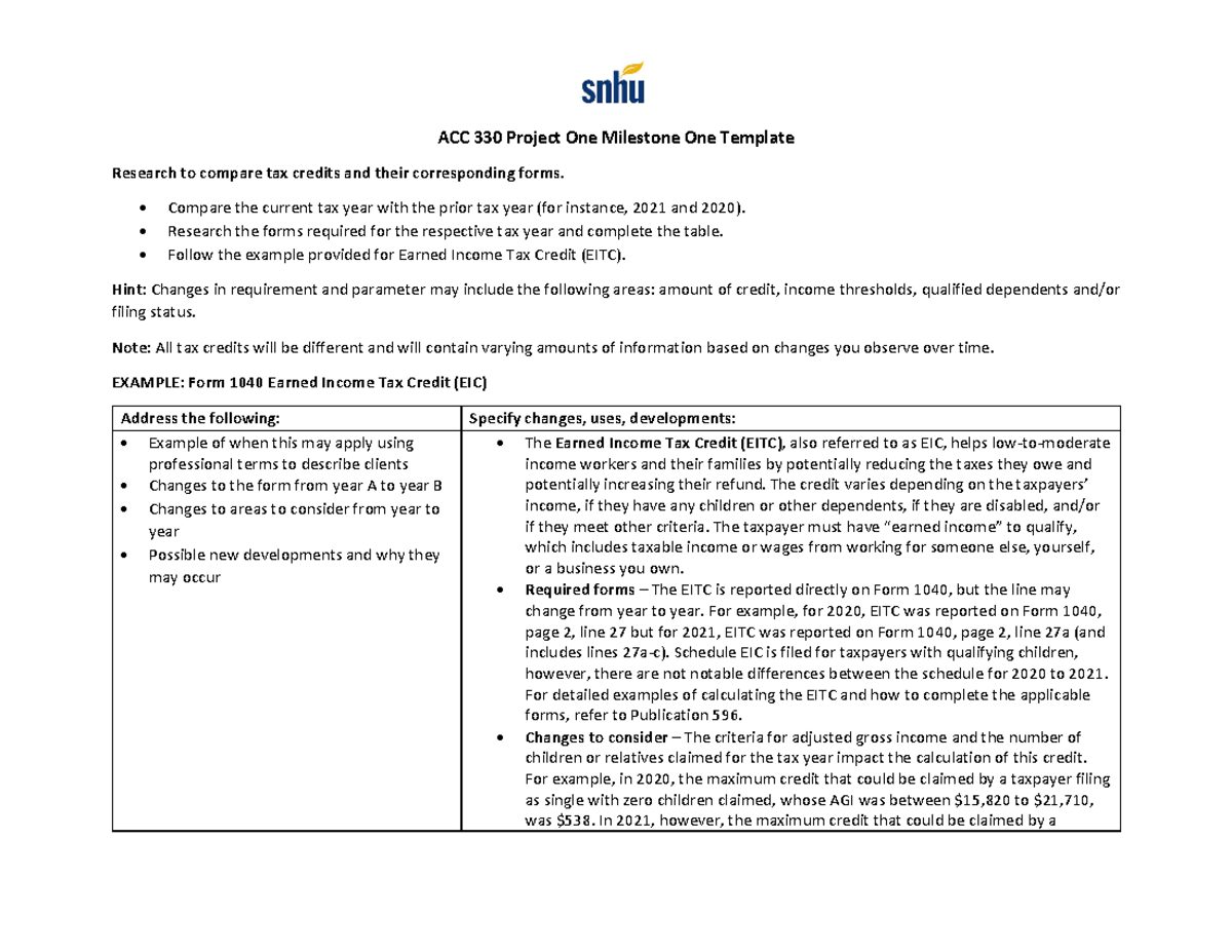 ACC 330 Project 1 Milestone 1: Tax Credits Comparison Analysis - Studocu