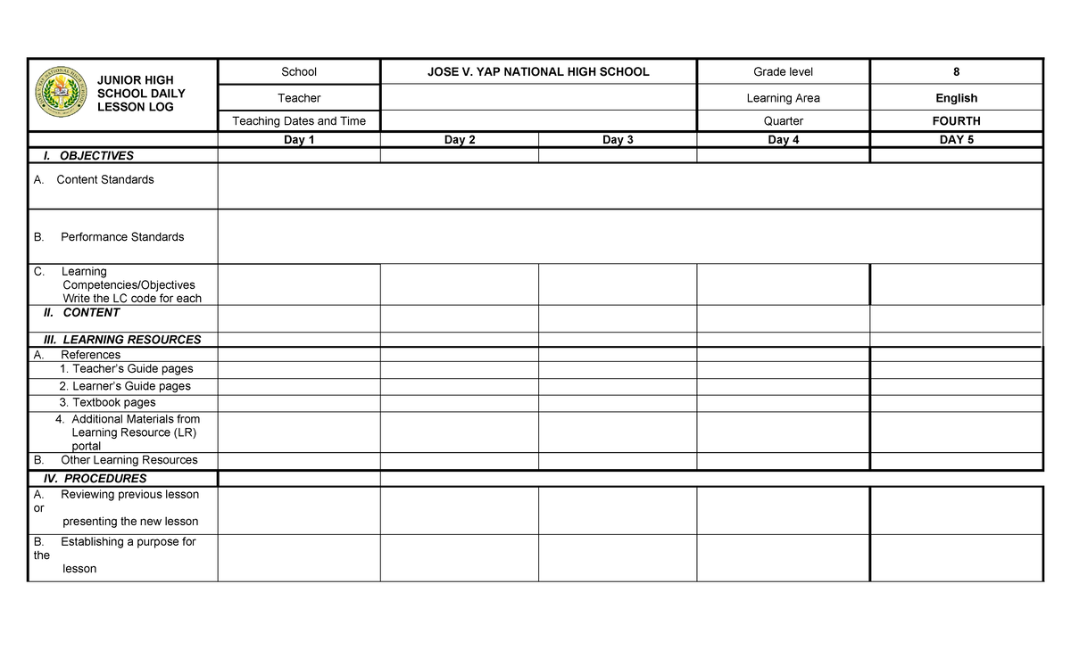 JHS Grade 8 English Daily Lesson Log - Quarter 4 (Days 1-5) - Studeersnel