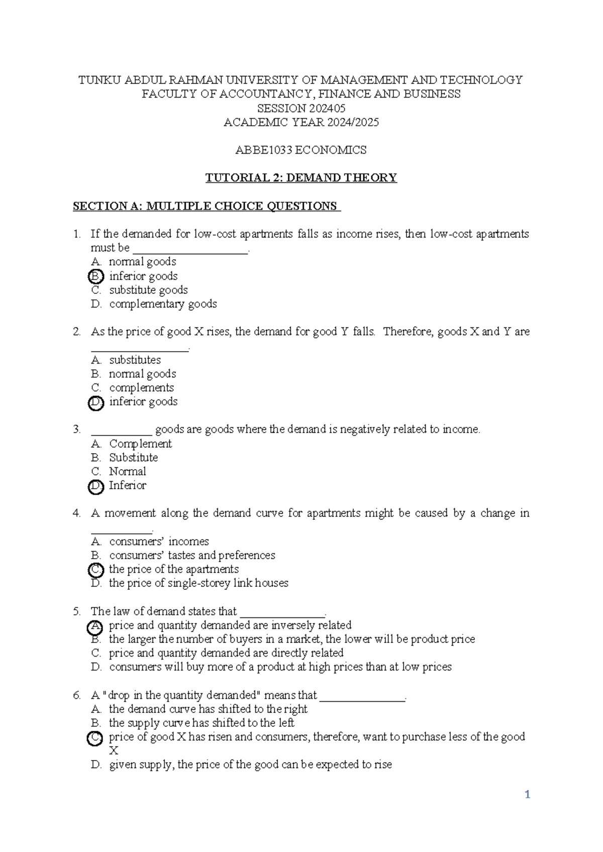 ABBE1033 - Tutorial 2: Demand Theory MCQs and Explanations - Studocu