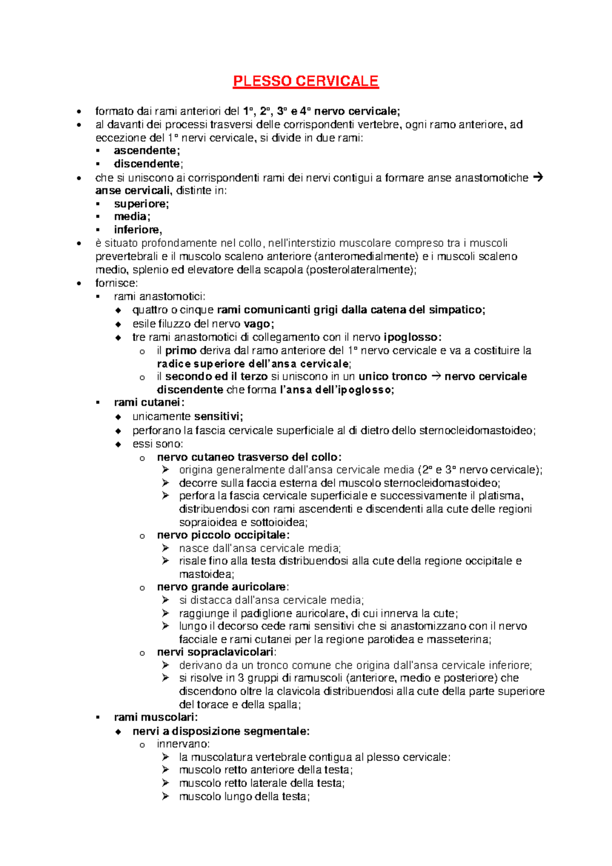 Plesso Cervicale - Riassunto Anatomia Umana per ESAME 2023 - Studocu