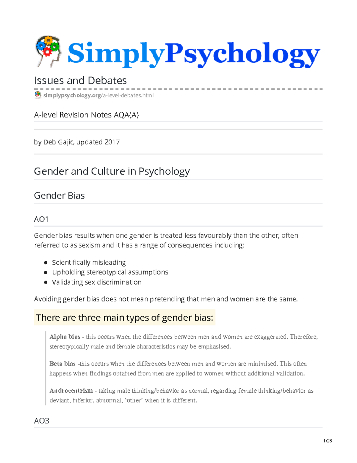 AQA(A) Issues and Debates in Psychology: Gender and Culture Bias Notes ...