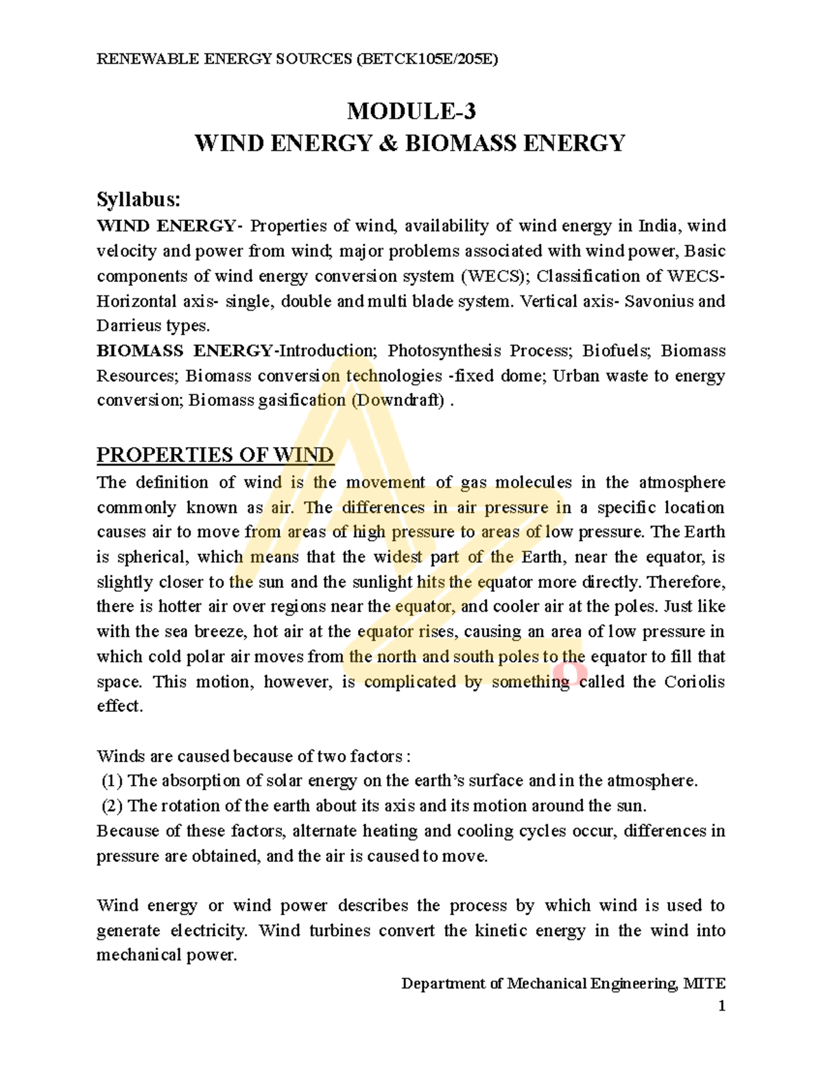 Renewable Energy Sources: Wind & Biomass - ME 301 Lecture Notes - Studocu
