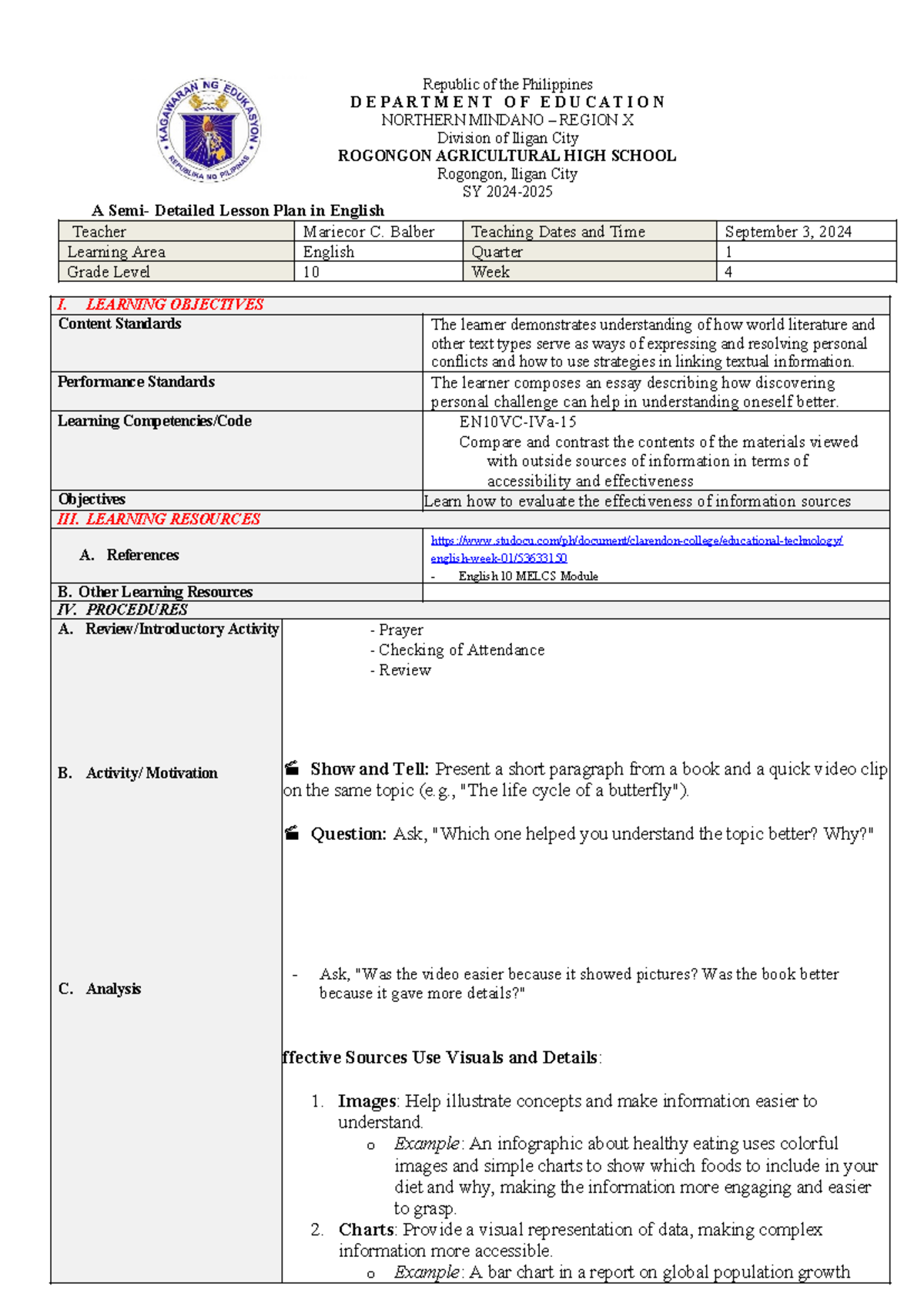 Detailed Lesson Plan in English 10: Understanding Effective Sources ...