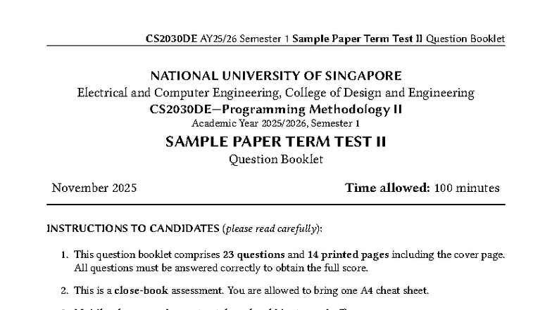CS2030DE Semester 1 Term Test II Sample Paper Question Booklet - Studocu