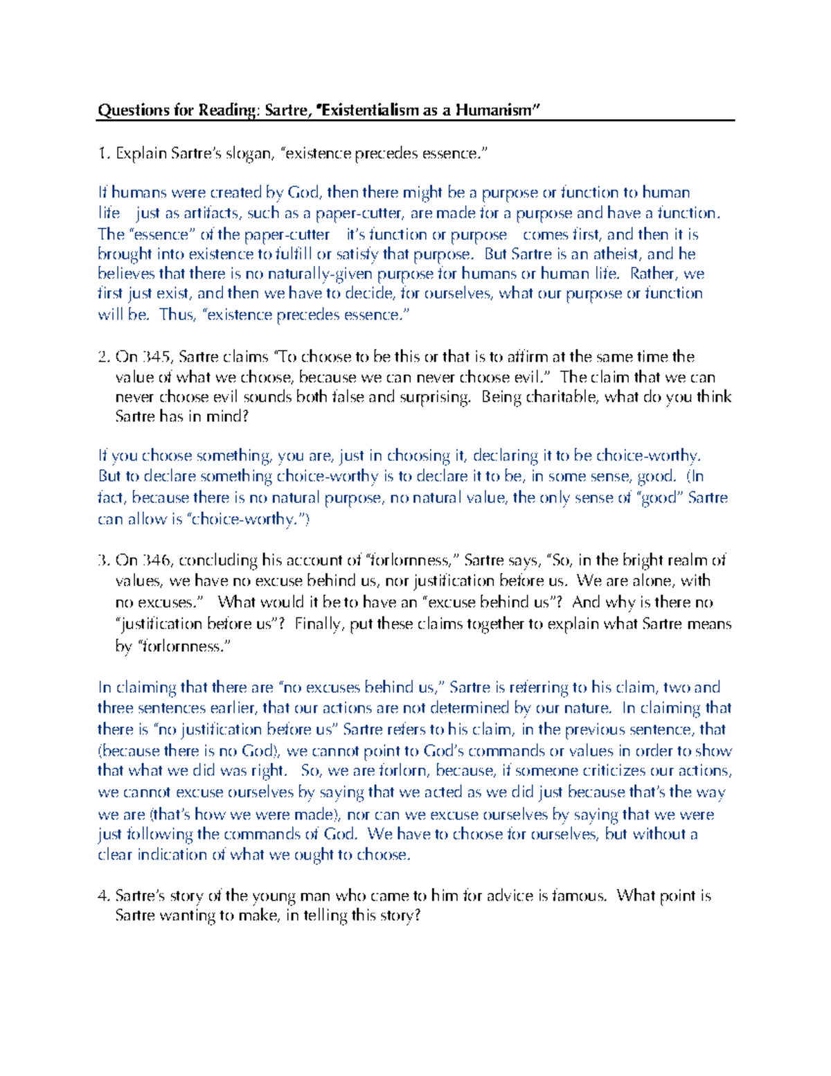 AQR Sartre: Key Readings & Questions on Existentialism - Studocu
