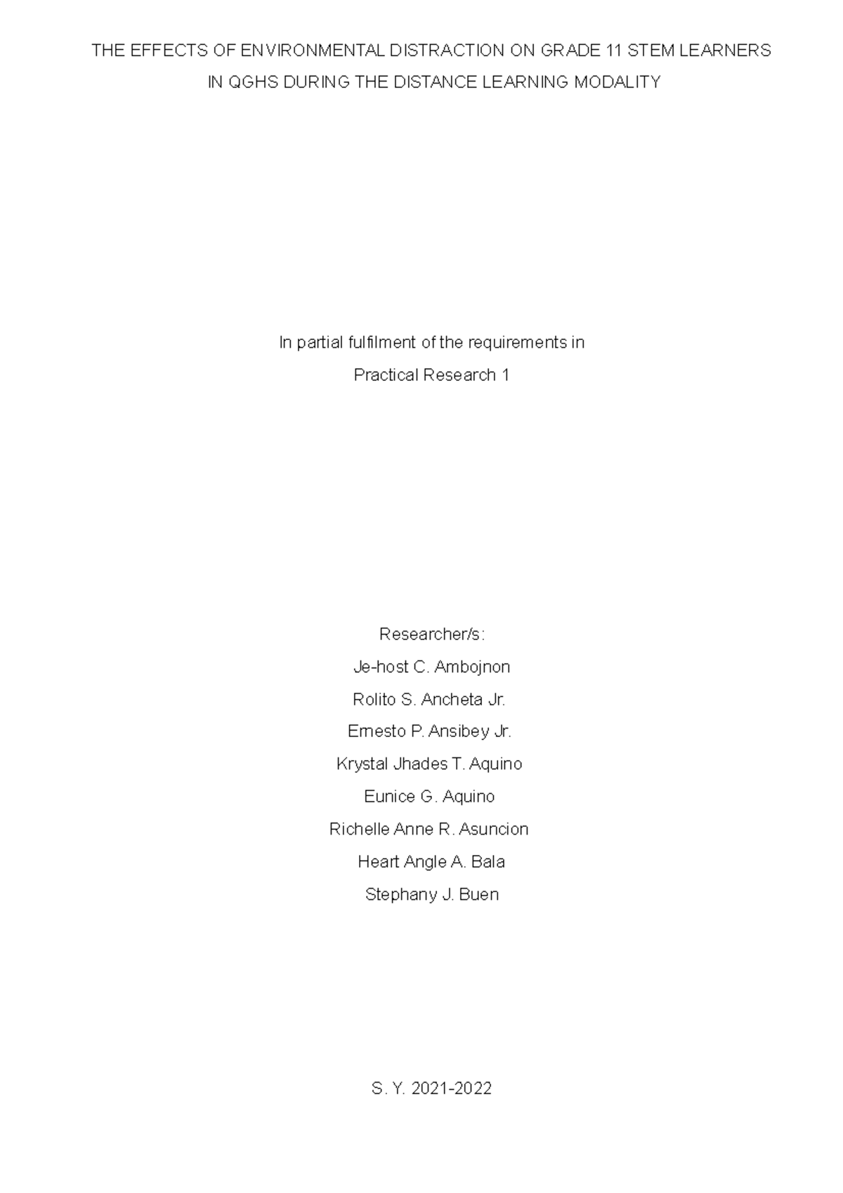 THE Effects OF Environmental Distraction ON Grade 11 STEM Learners IN ...