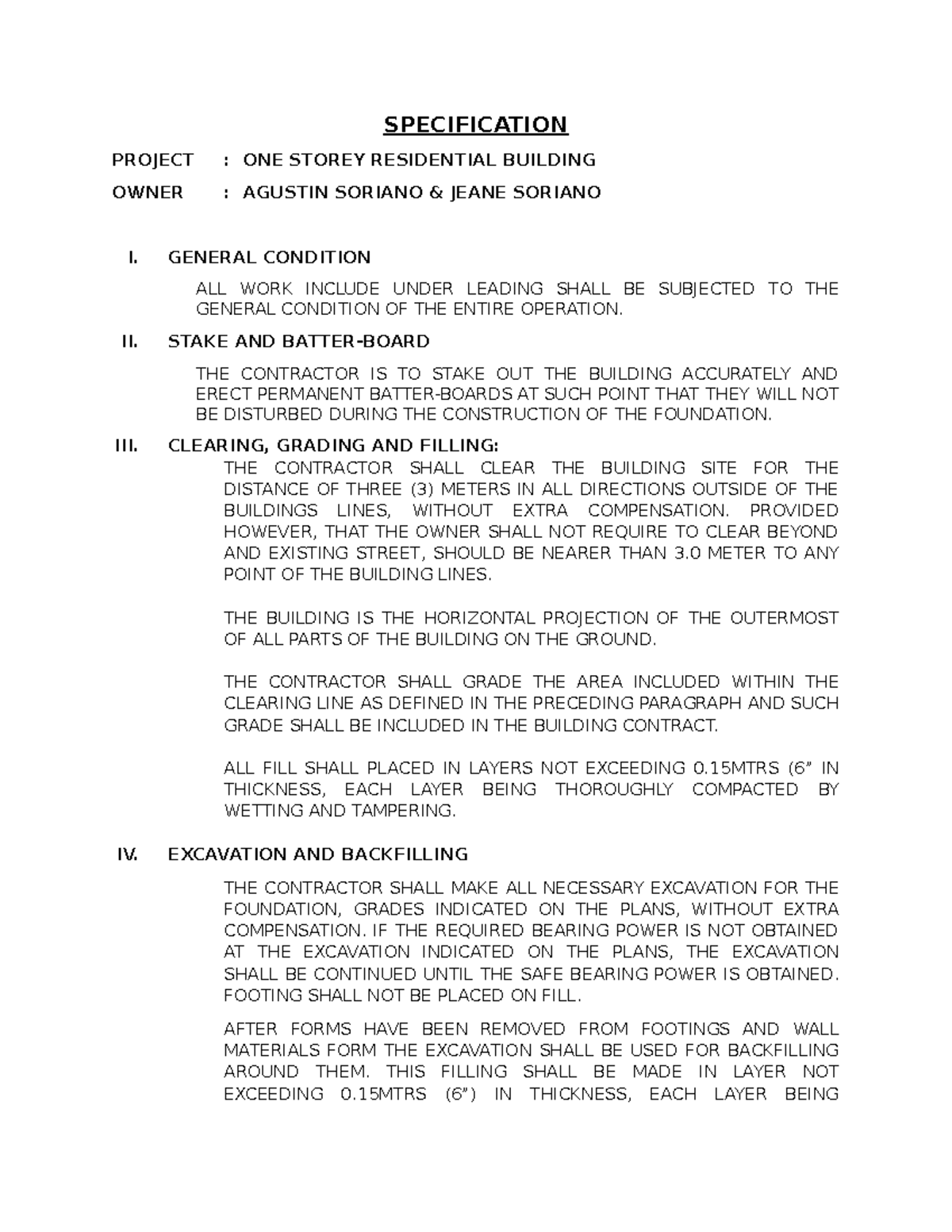 Specification for One Storey Residential Building Project - Studocu