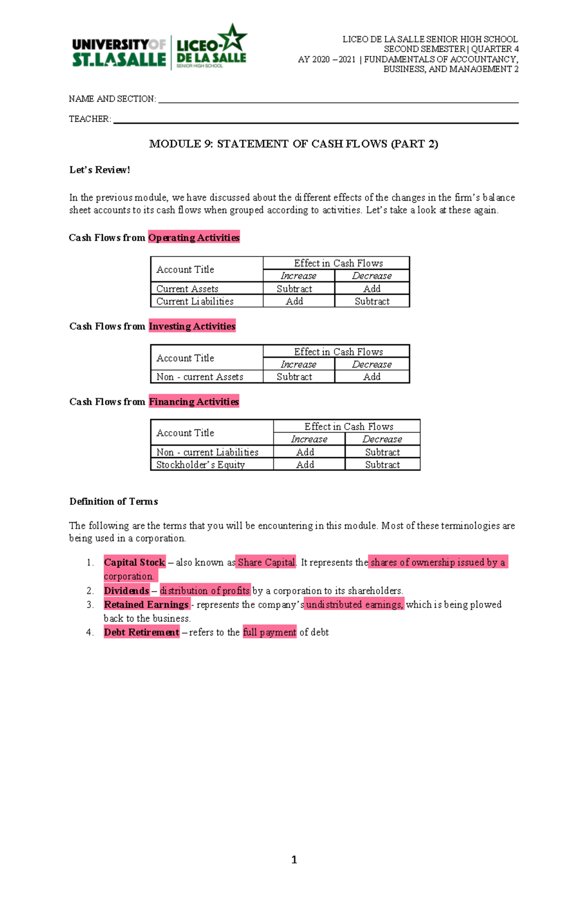 Module 9- Statement of Cash Flows Part 2-1 - SECOND SEMESTER | QUARTER ...